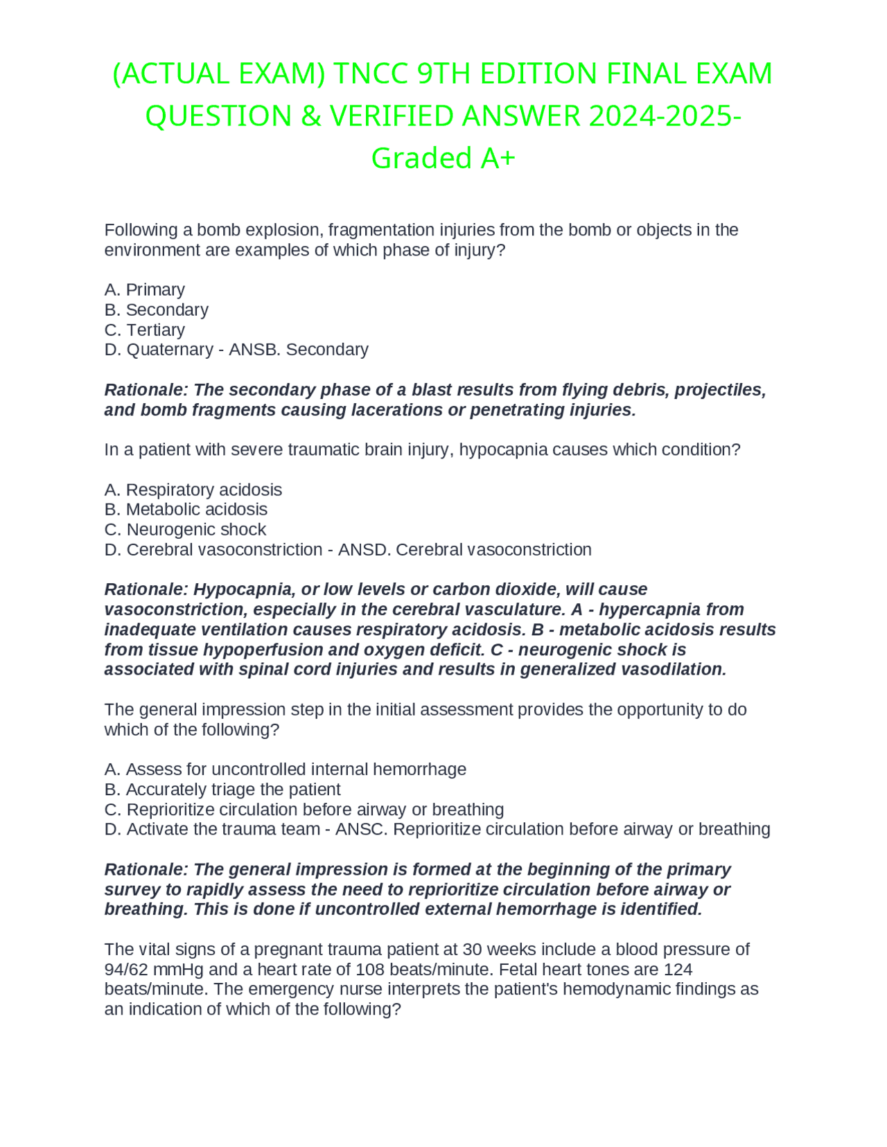 (ACTUAL EXAM) TNCC 9TH EDITION FINAL EXAM QUESTION & VERIFIED ANSWER ...