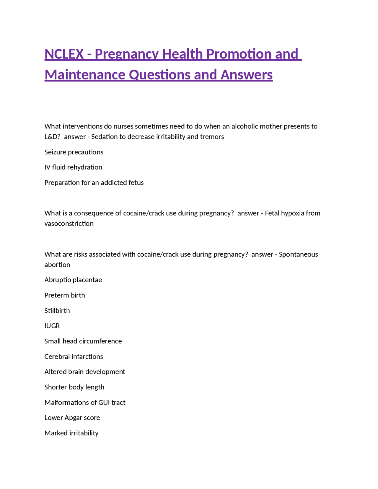 NCLEX - Pregnancy Health Promotion and Maintenance Questions and ...
