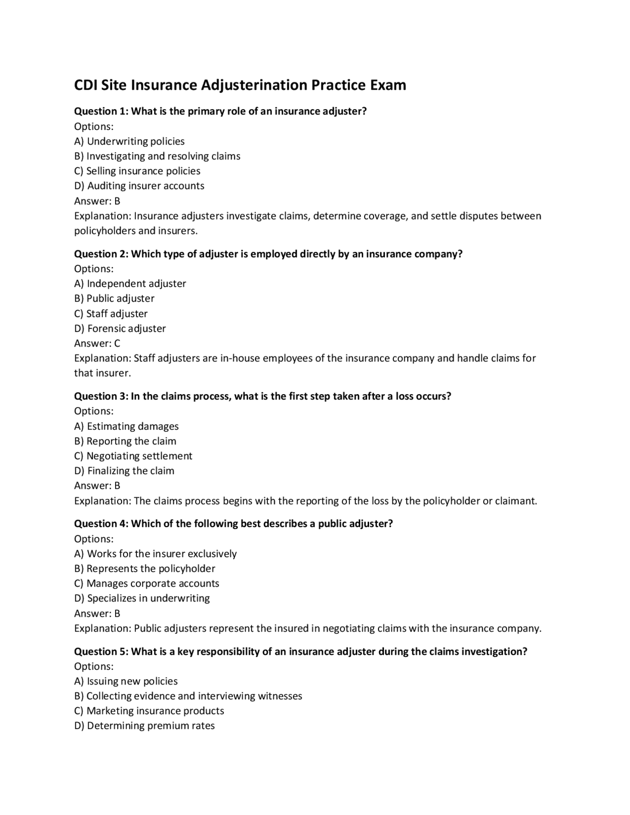 CDI Site Insurance Adjusterination Exam | Exams Technology | Docsity