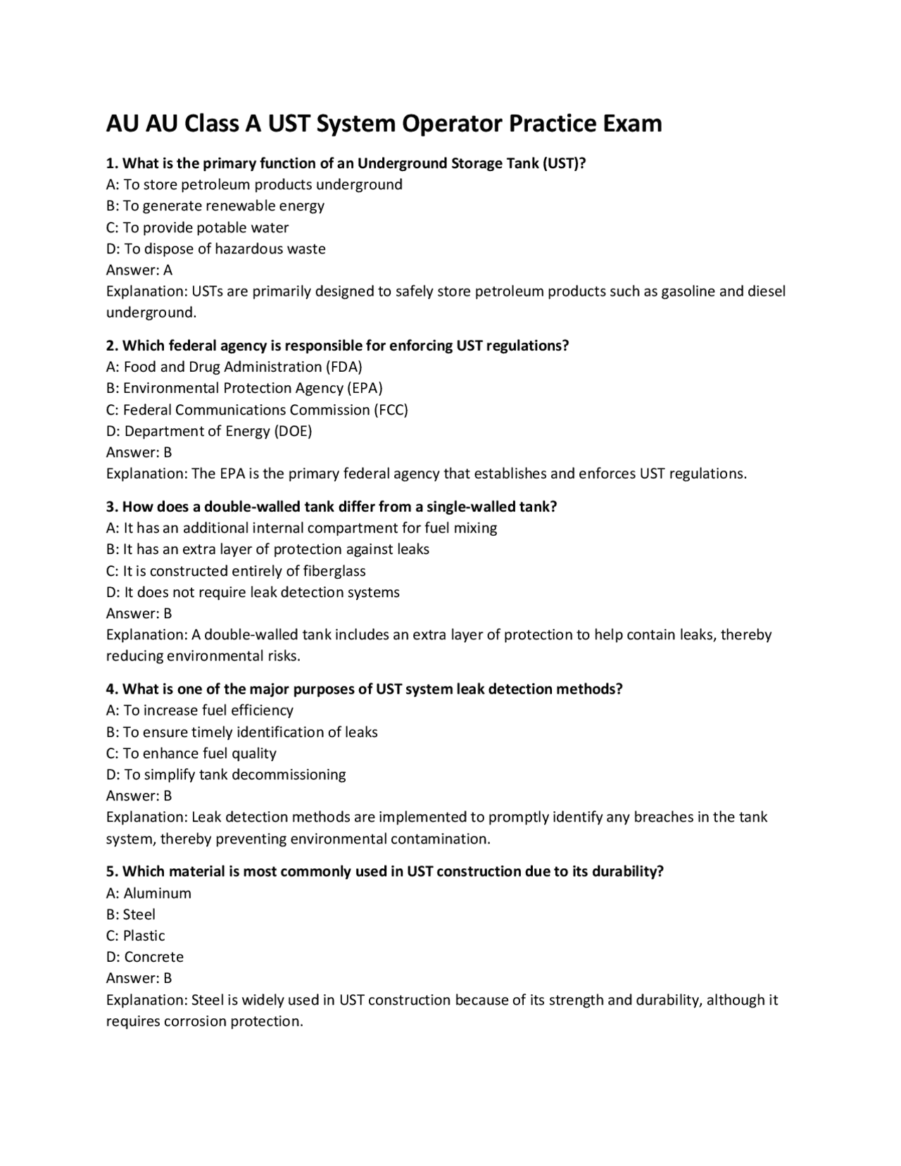 AU AU Class A UST System Operator Exam | Exams Technology | Docsity