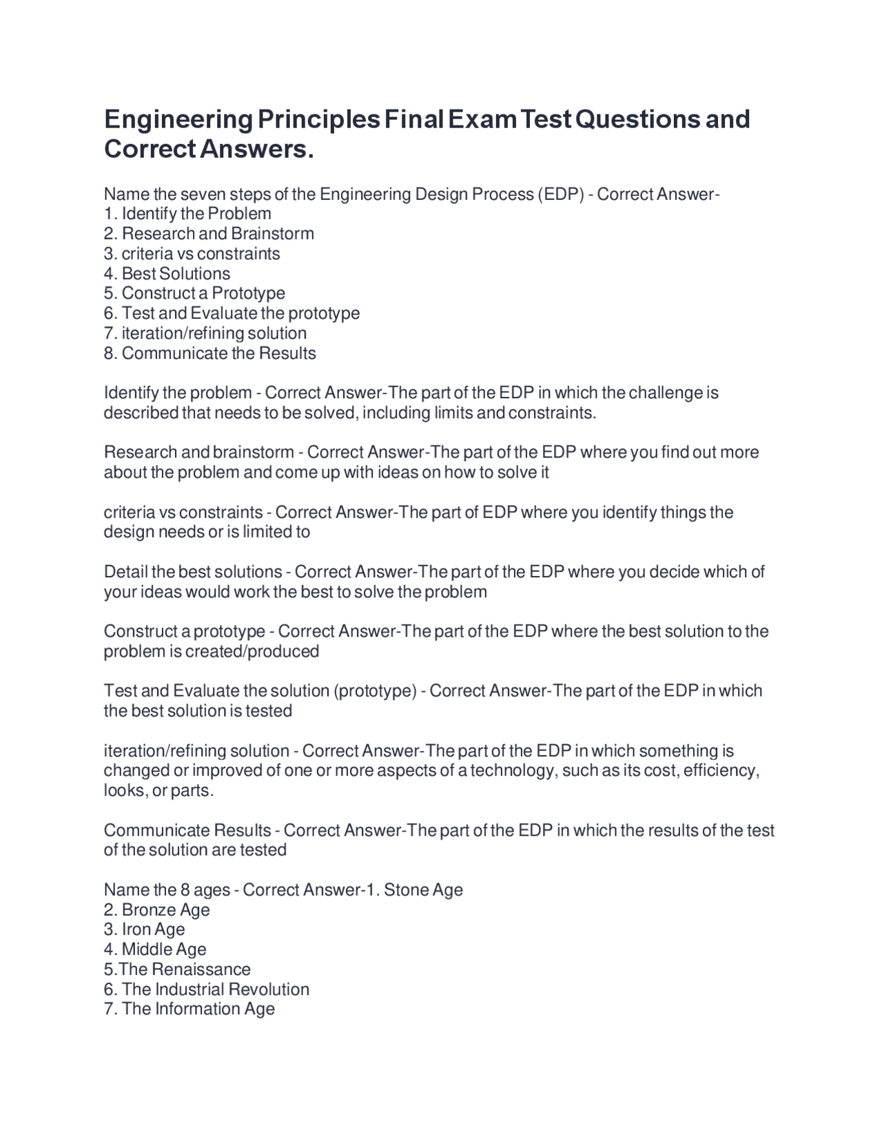 Engineering Principles Final Exam Test Questions and Correct Answers ...