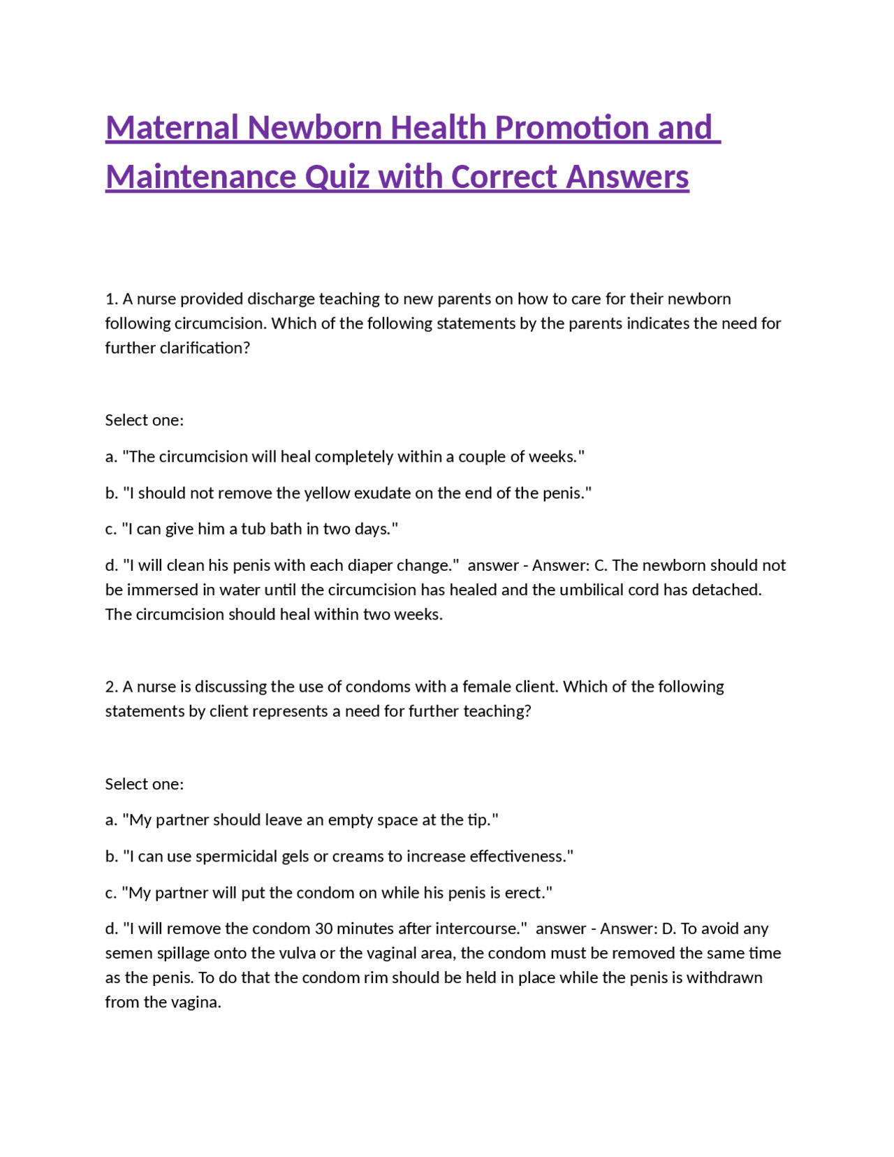 Maternal Newborn Health Promotion and Maintenance Quiz with Correct ...