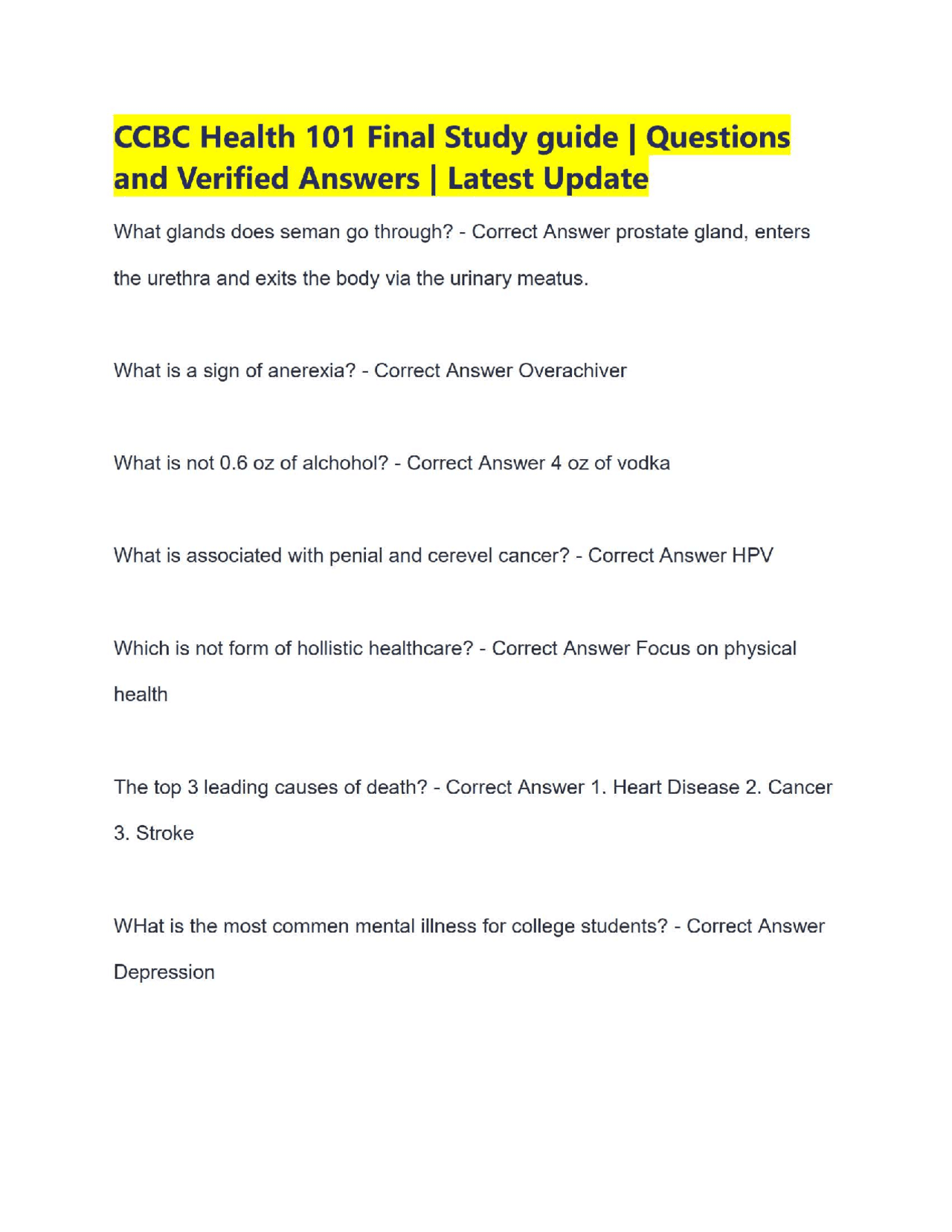 CCBC Health 101 Final Study guide | Questions and Verified Answers ...