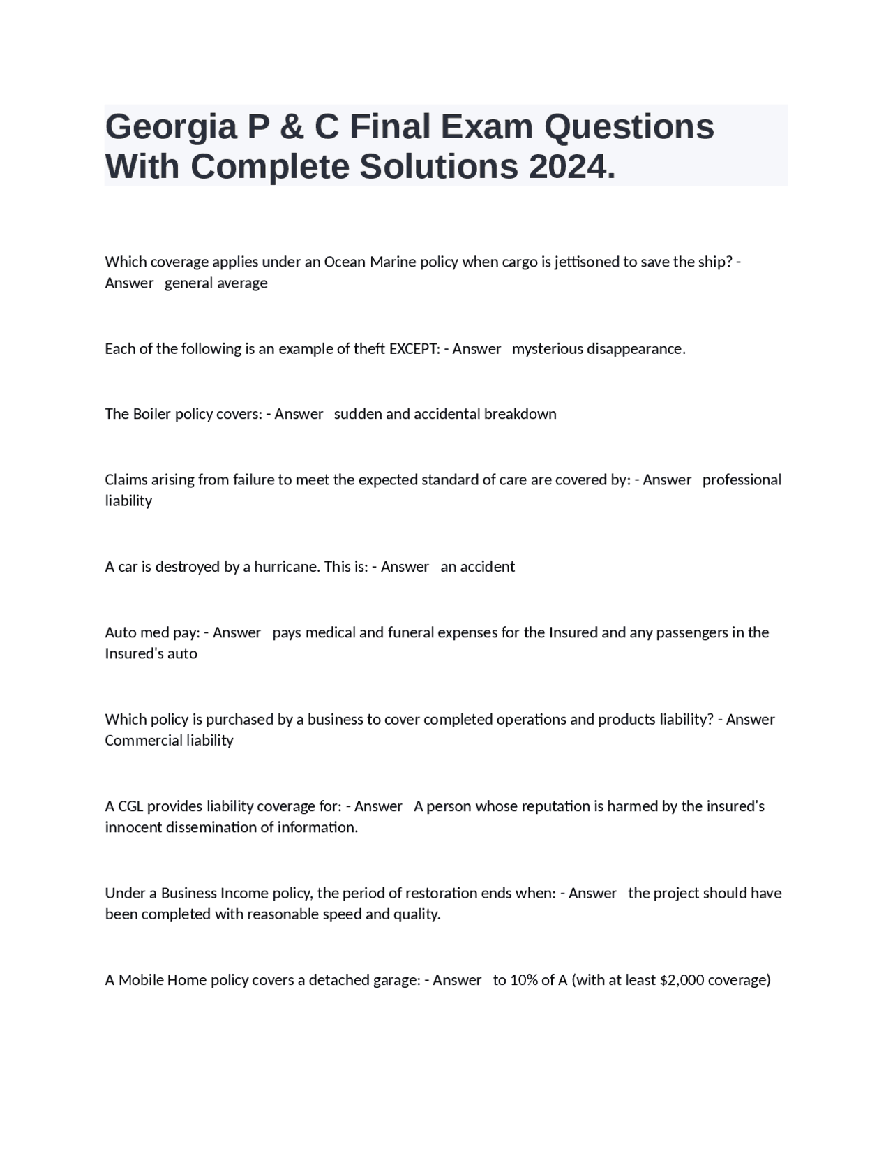Georgia P & C Final Exam Questions With Complete Solutions 2024 ...