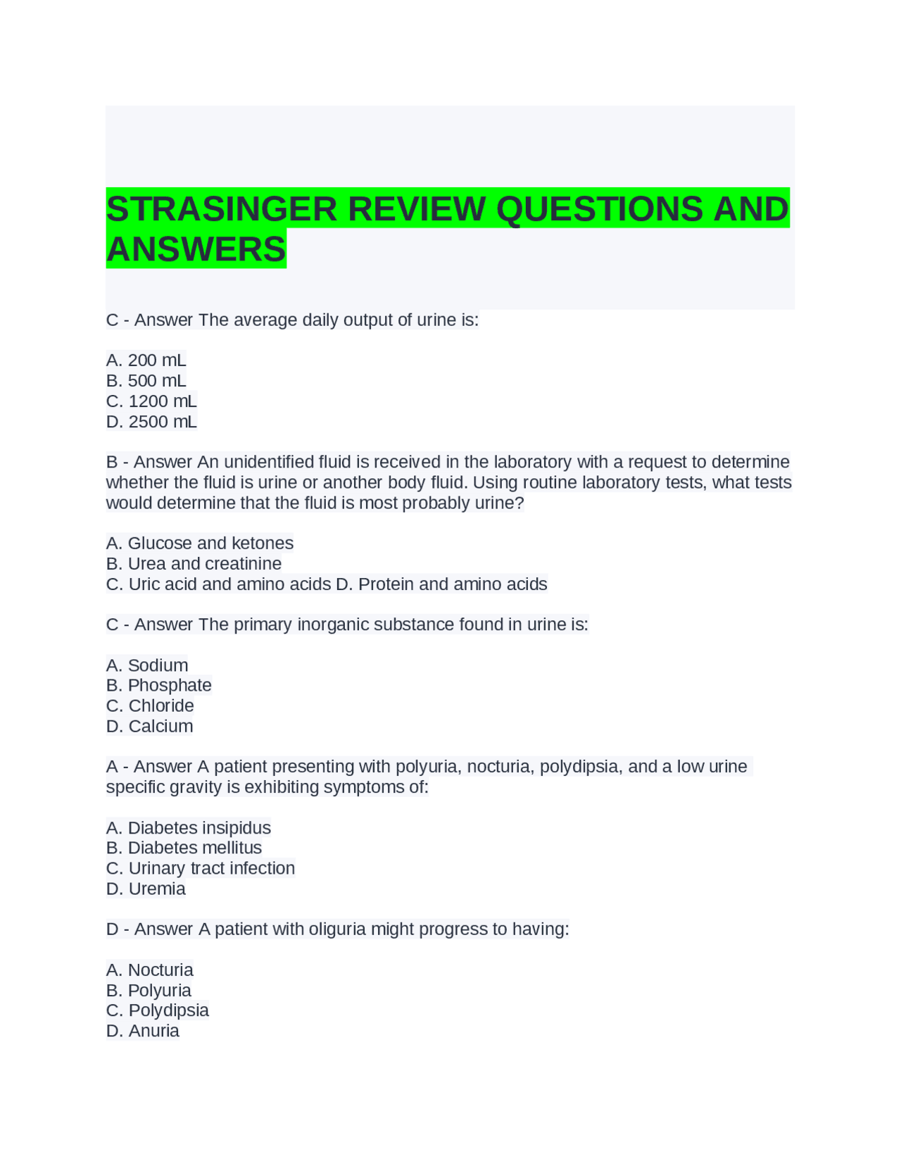 Urine Analysis: Multiple Choice Questions and Answers | Exams Advanced ...