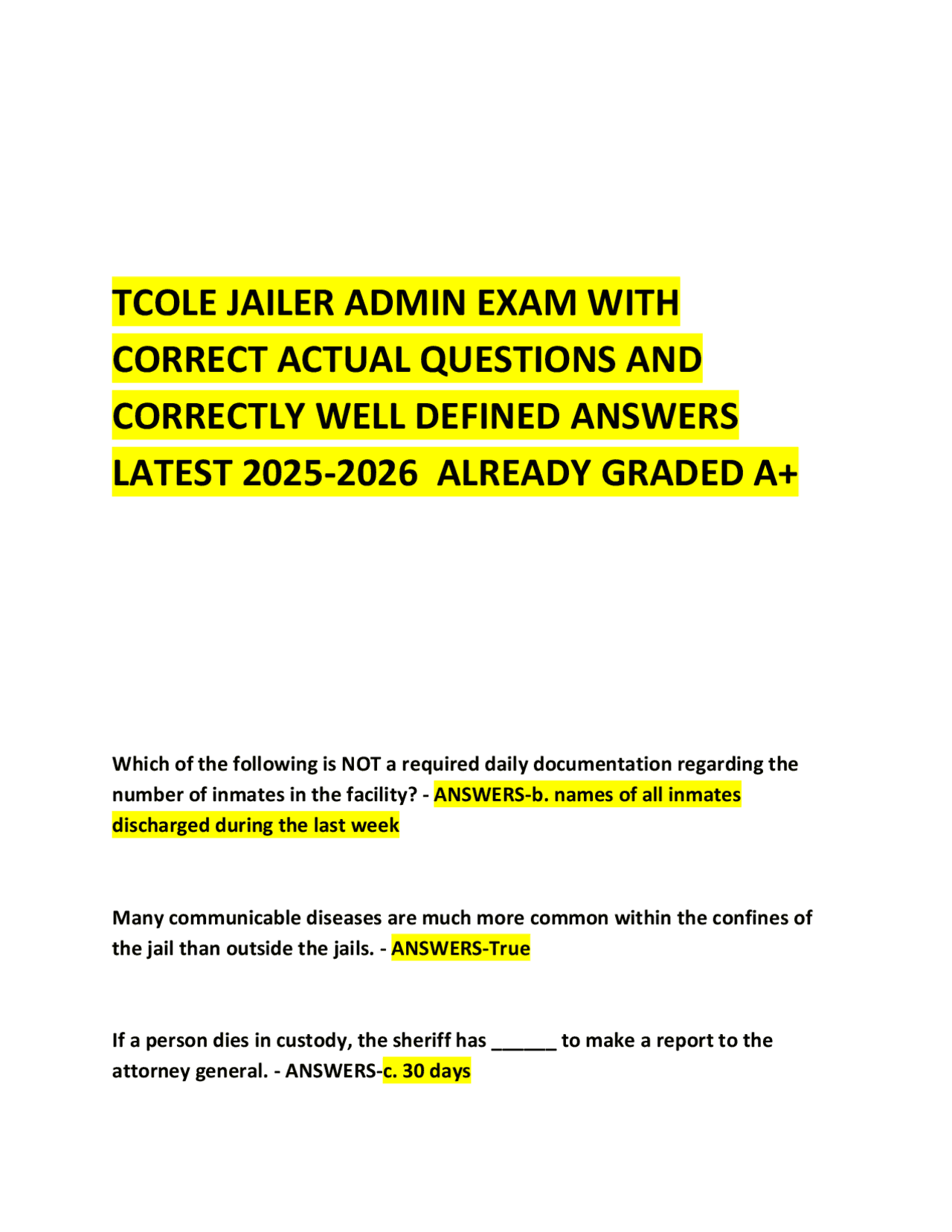 TCOLE JAILER ADMIN EXAM WITH CORRECT ACTUAL QUESTIONS AND CORRECTLY ...