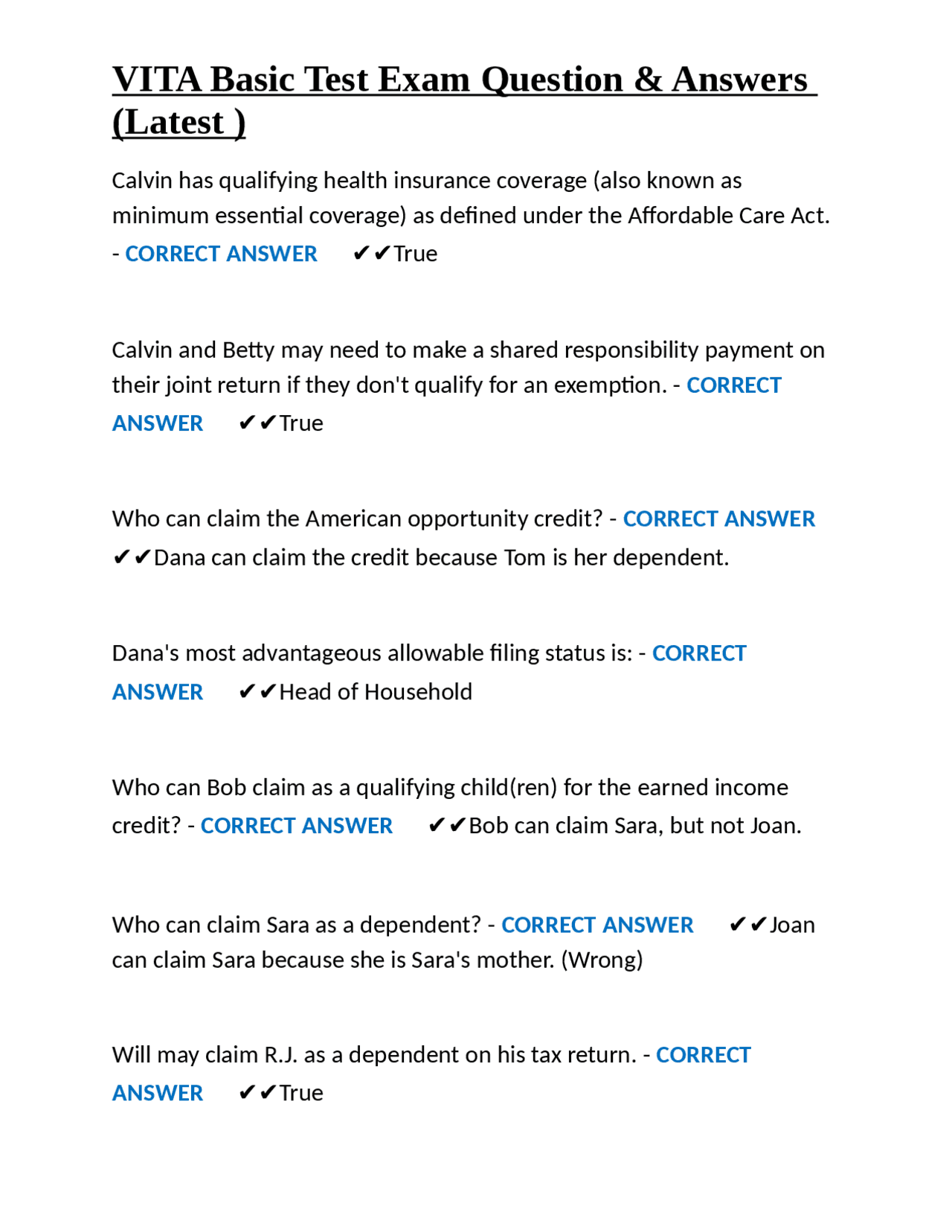 VITA Basic Test Exam Question & Answers (Latest ) | Exams Nursing | Docsity