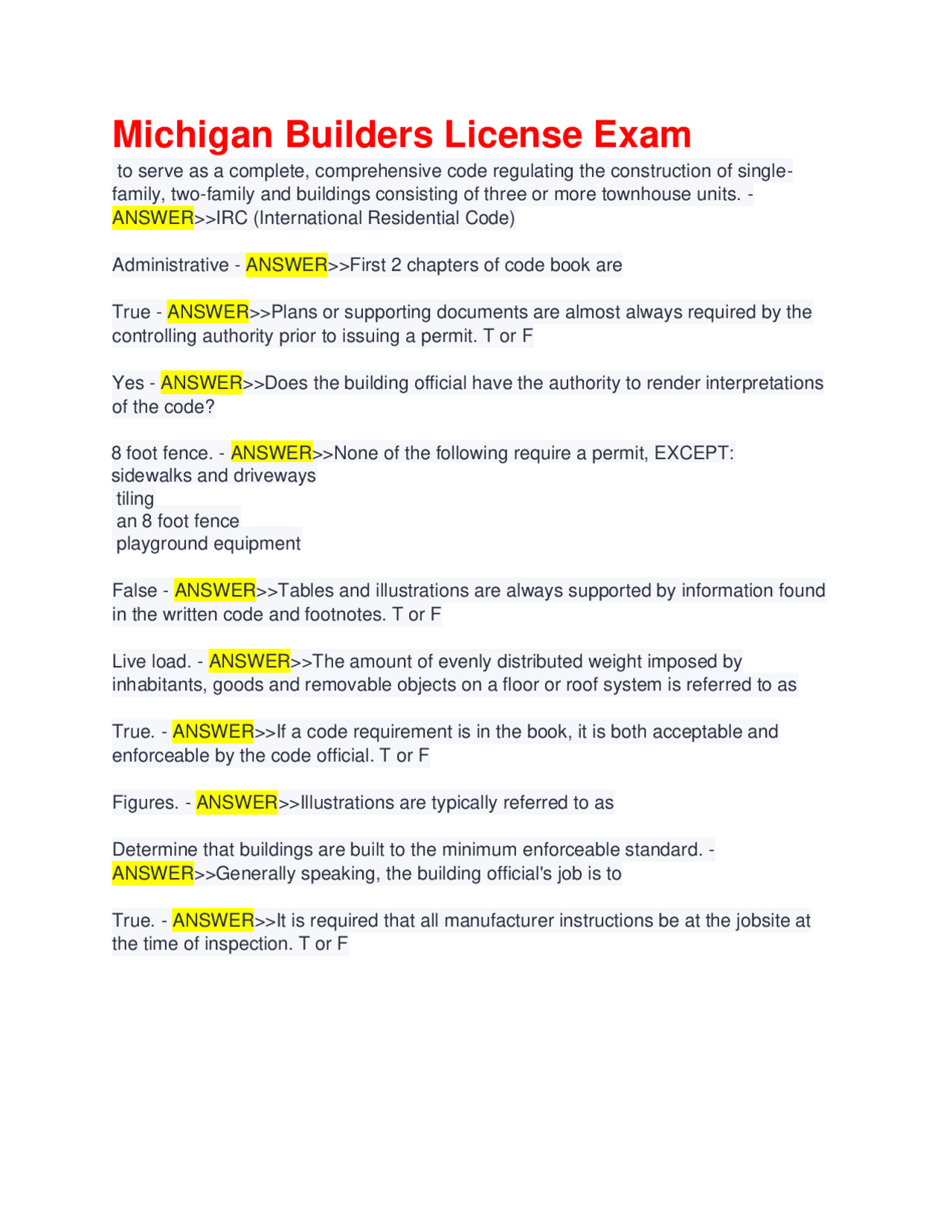 Michigan Builders License Exam 2025 | Exams Construction law | Docsity
