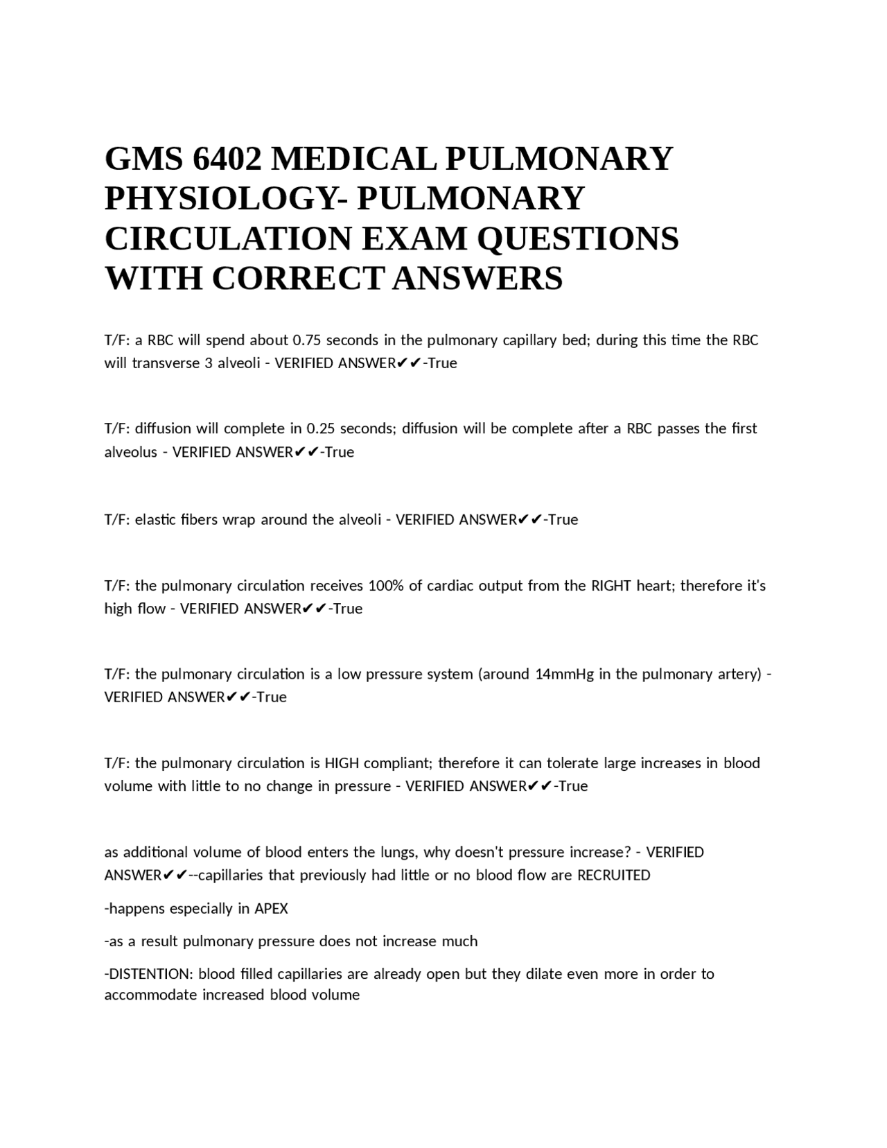 Gms 6402 Medical Pulmonary Physiology Pulmonary Circulation Exam Questions With Correct A