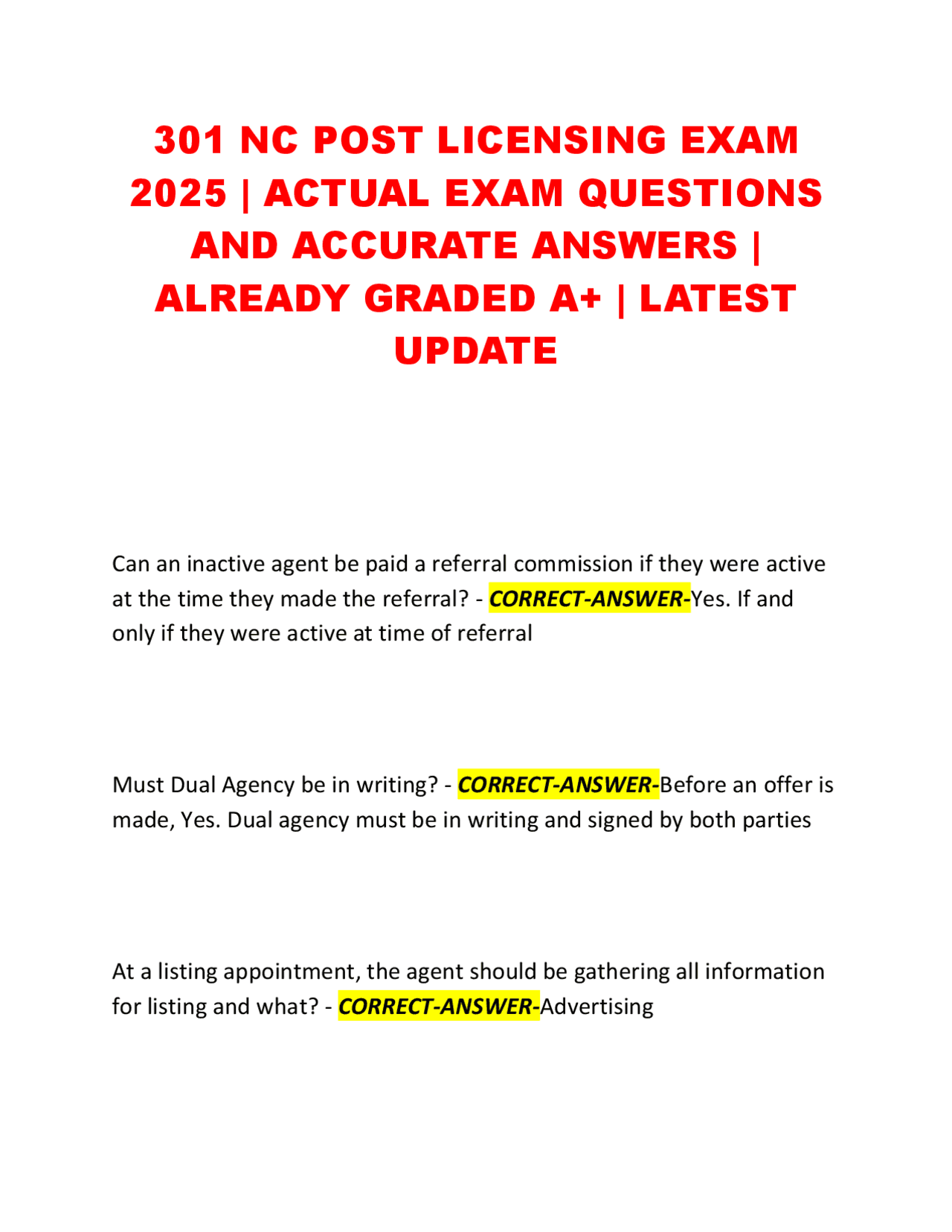 301 NC POST LICENSING EXAM 2025 | ACTUAL EXAM QUESTIONS AND ACCURATE ...
