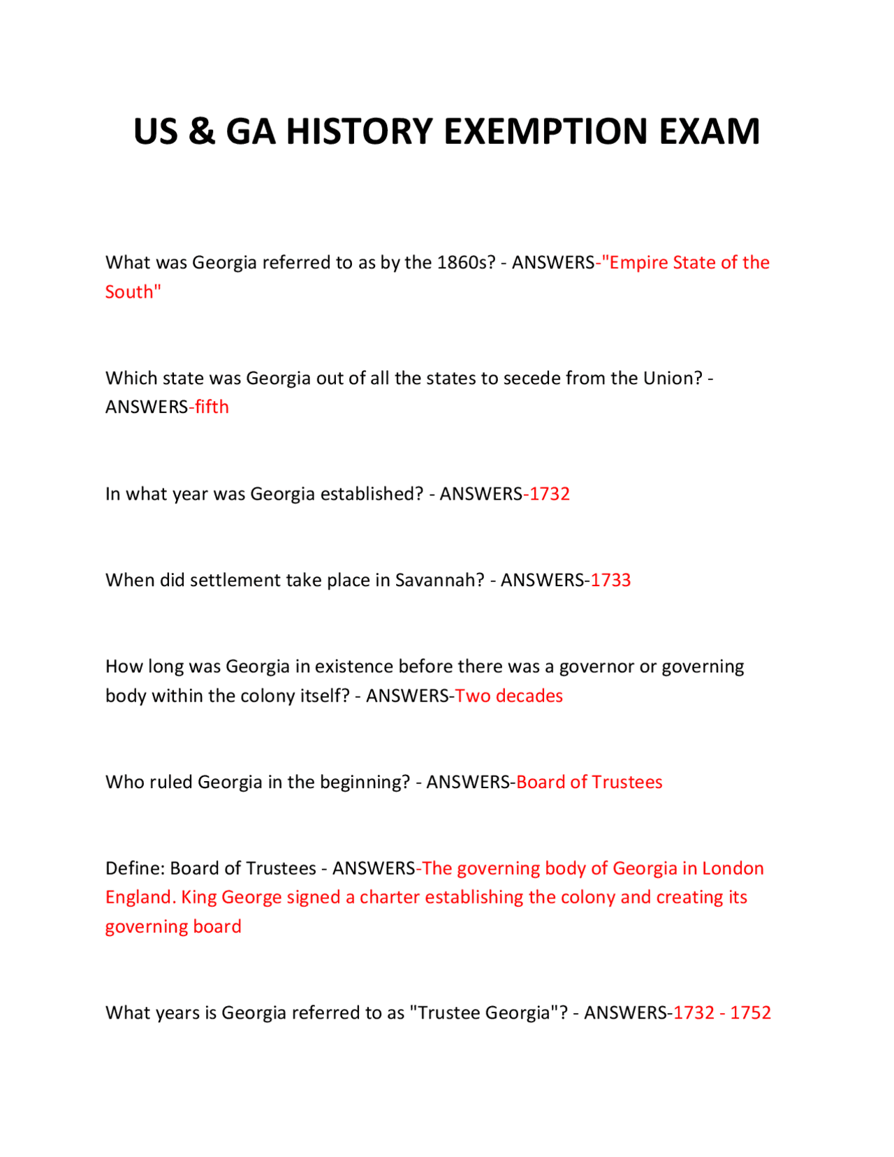 US & GA History Exemption Exam: Questions and Answers | Exams History ...