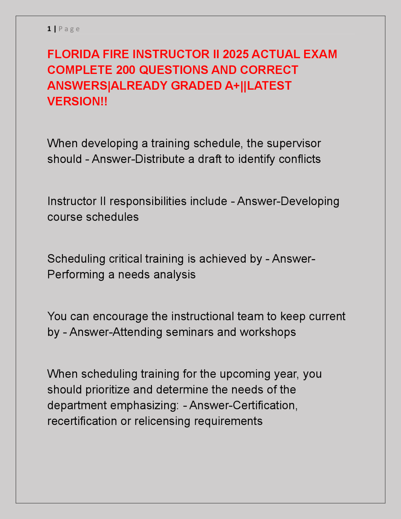 FLORIDA FIRE INSTRUCTOR II 2025 ACTUAL EXAM COMPLETE 200 QUESTIONS AND ...