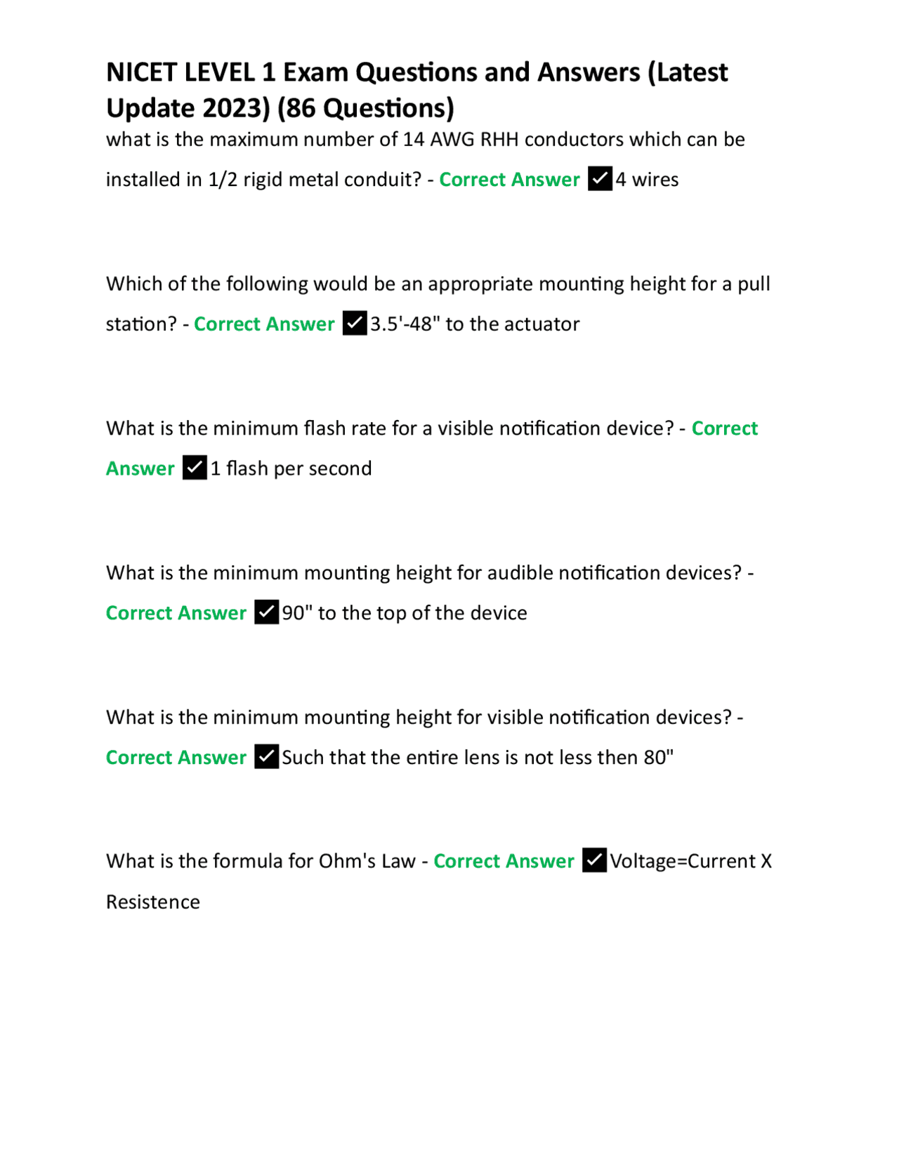 NICET LEVEL 1 Exam Questions and Answers (Latest Update 2023) (86 ...