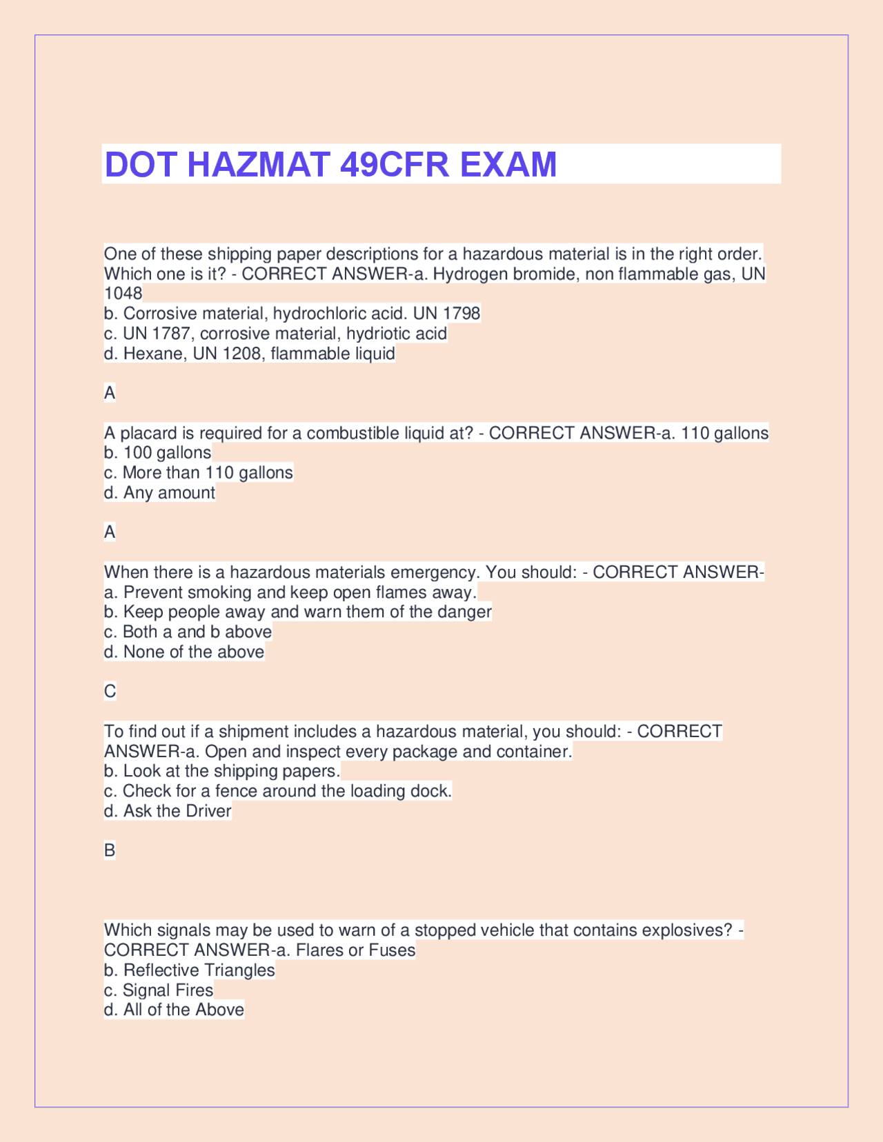 DOT HAZMAT 49CFR EXAM QUESTIONS WITH 100% VERIFIED ANSWERS GRADED A+ ...