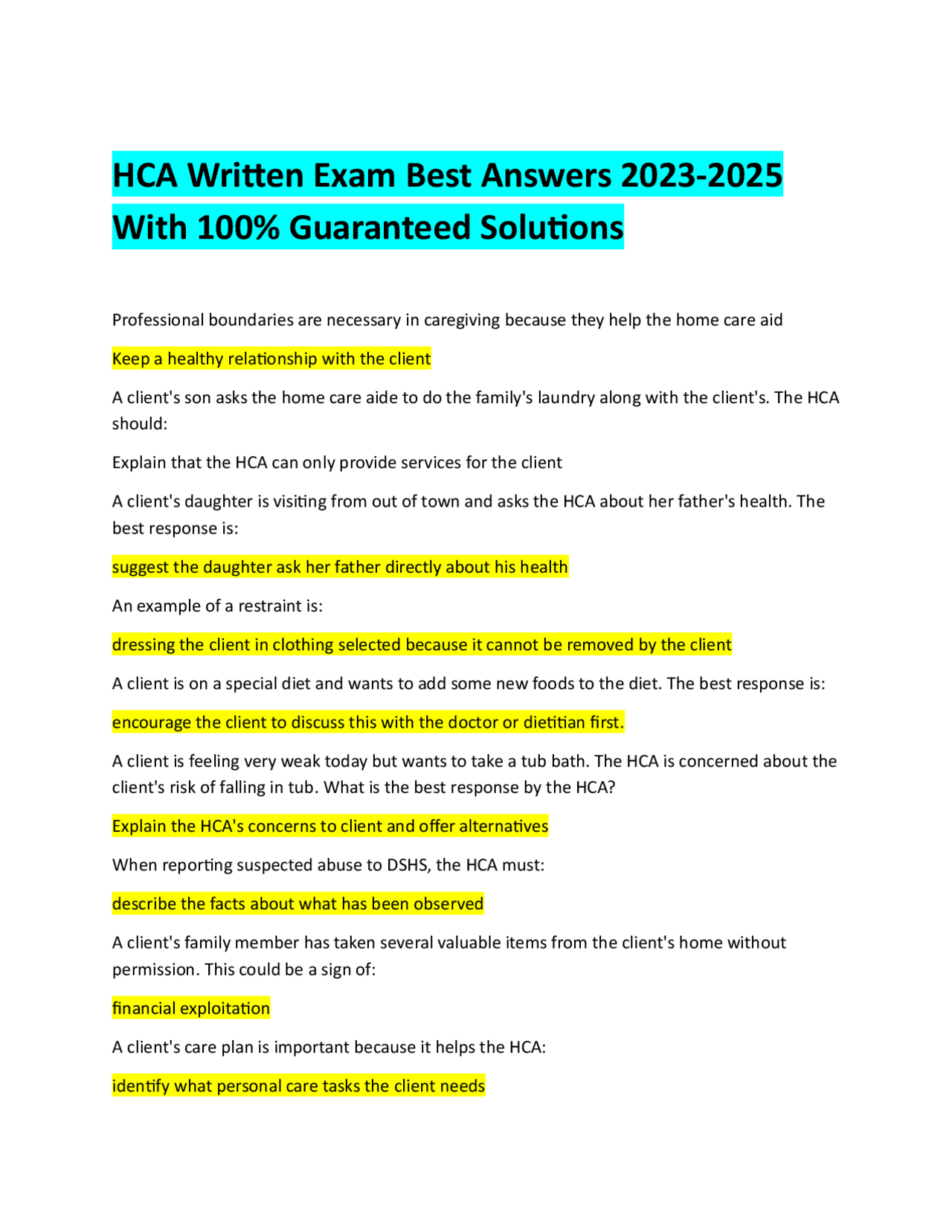 HCA Written Exam Best Answers 2023-2025 With 100% Guaranteed Solutions | Exams Health sciences ...