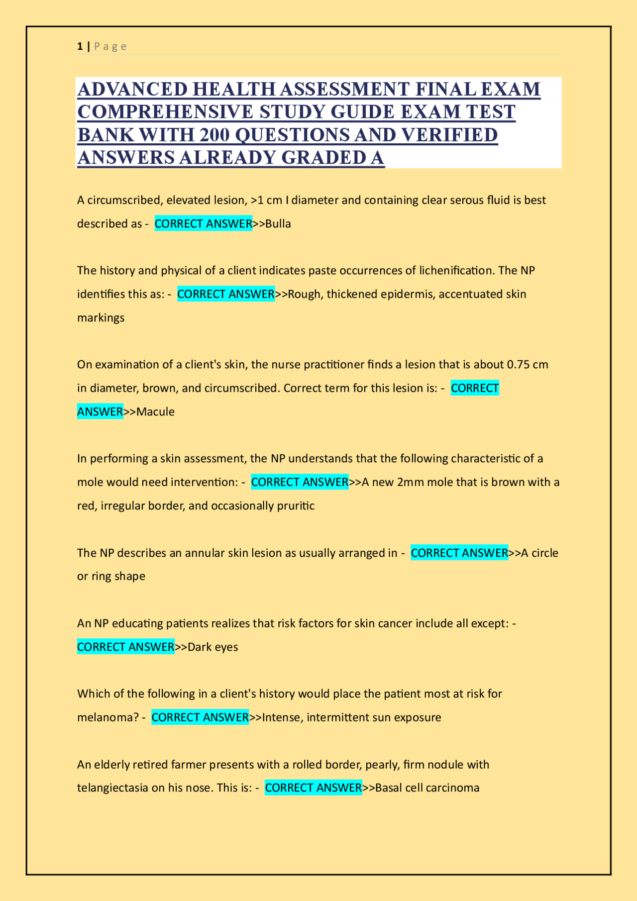ADVANCED HEALTH ASSESSMENT FINAL EXAM COMPREHENSIVE STUDY GUIDE EXAM ...