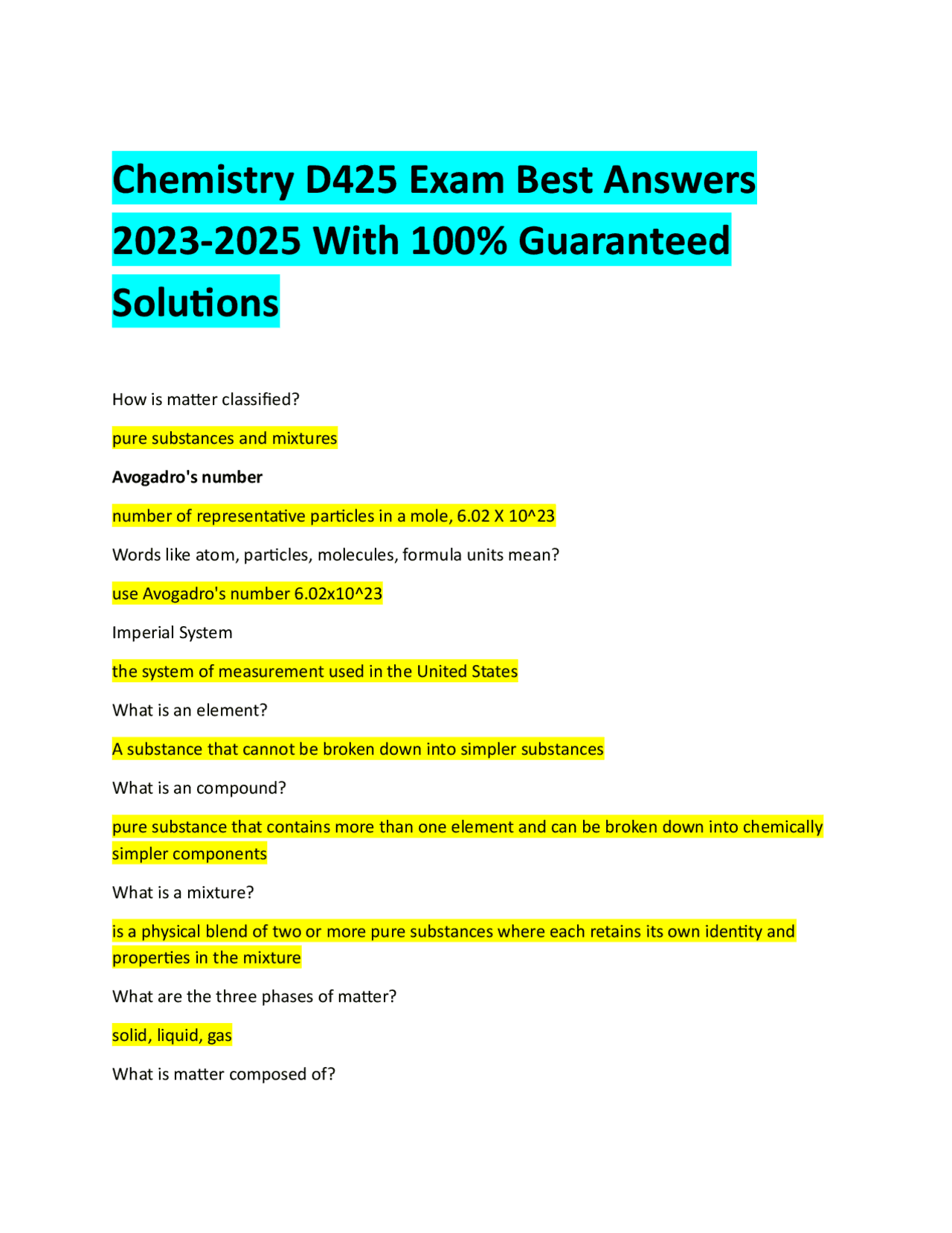 Chemistry D425 Exam Best Answers 2023-2025 With 100% Guaranteed ...
