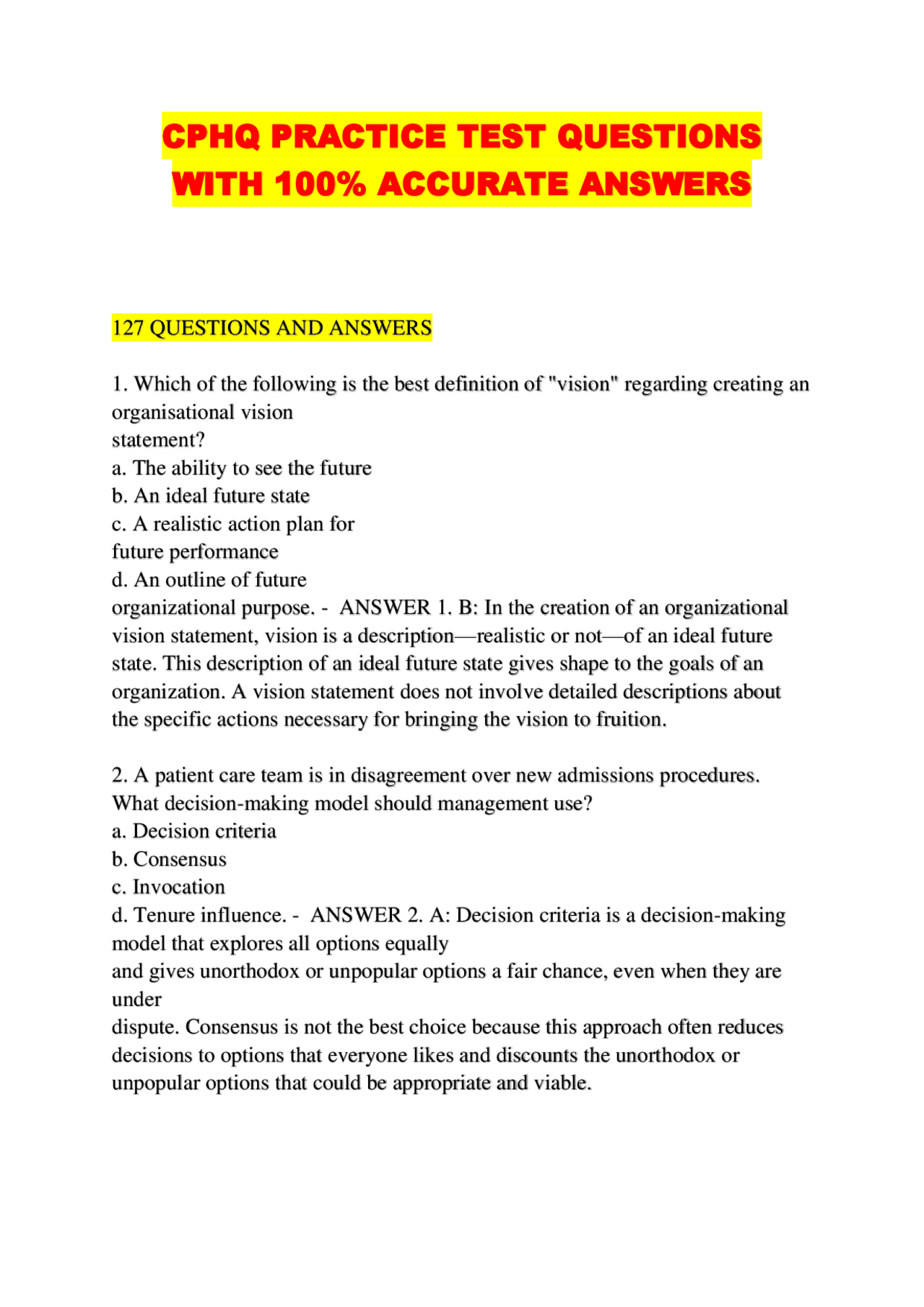 CPHQ PRACTICE TEST QUESTIONS WITH 100% ACCURATE ANSWERS | Exams Nursing ...