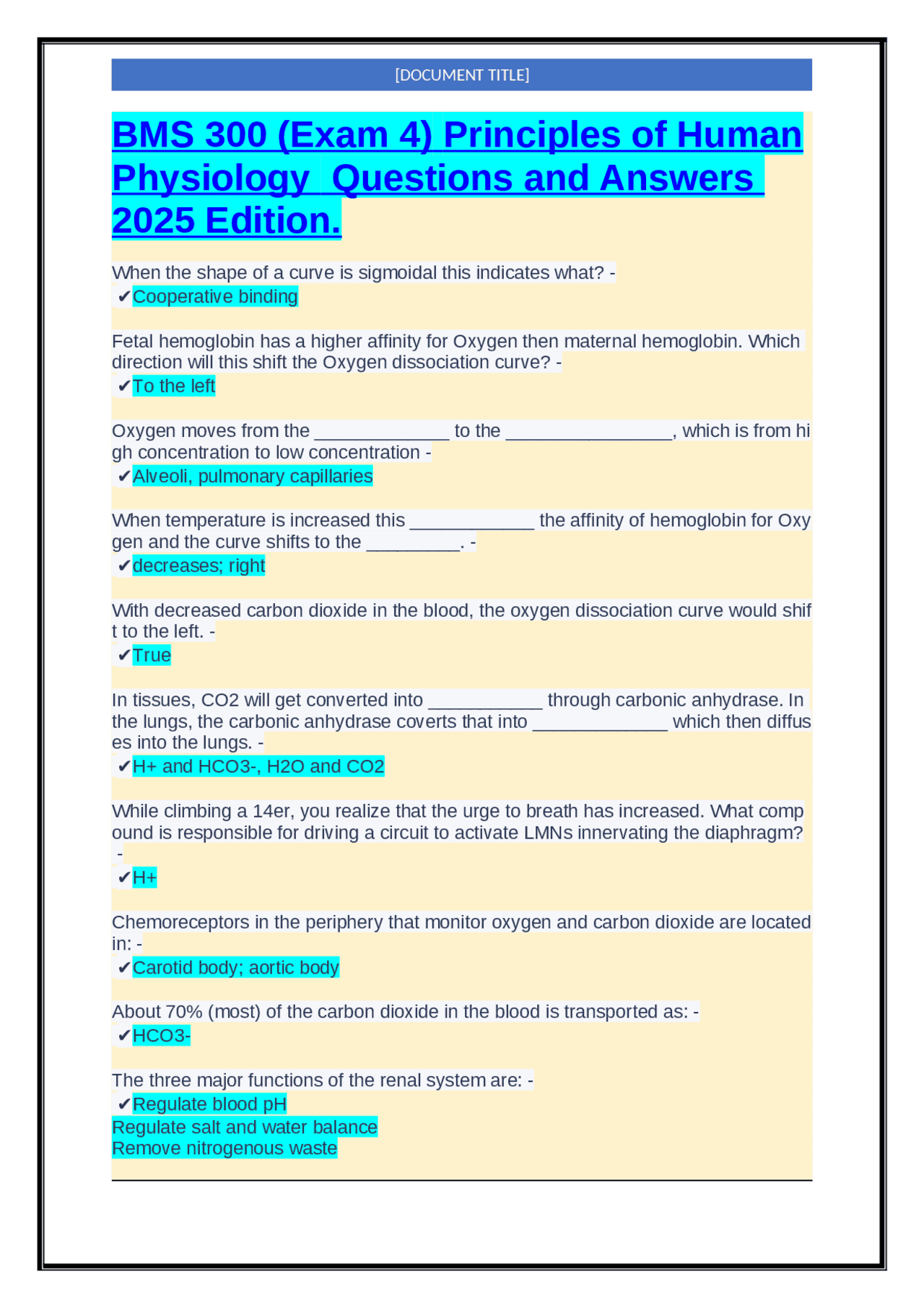 BMS 300 (Exam 4) Principles of Human Physiology Questions and Answers ...