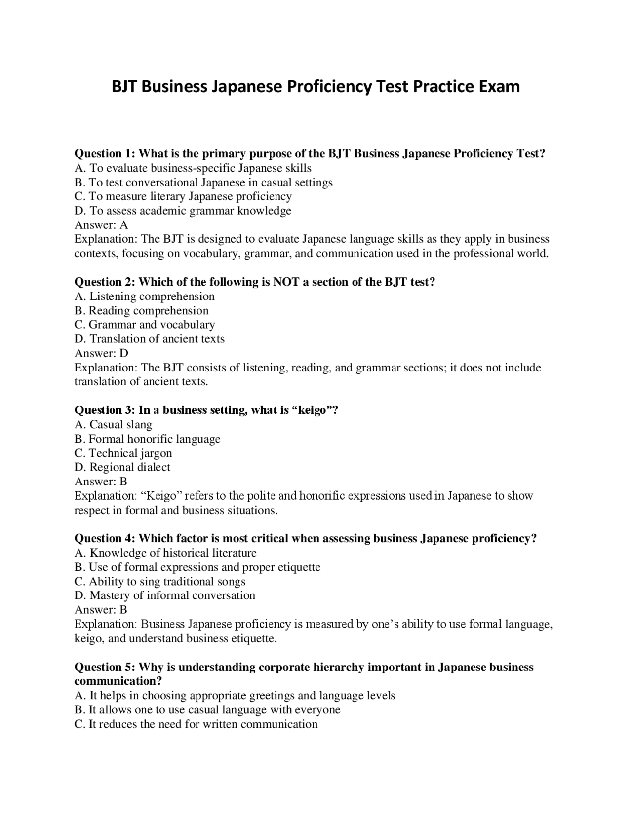 BJT Business Japanese Proficiency Test Exam | Exams Technology | Docsity