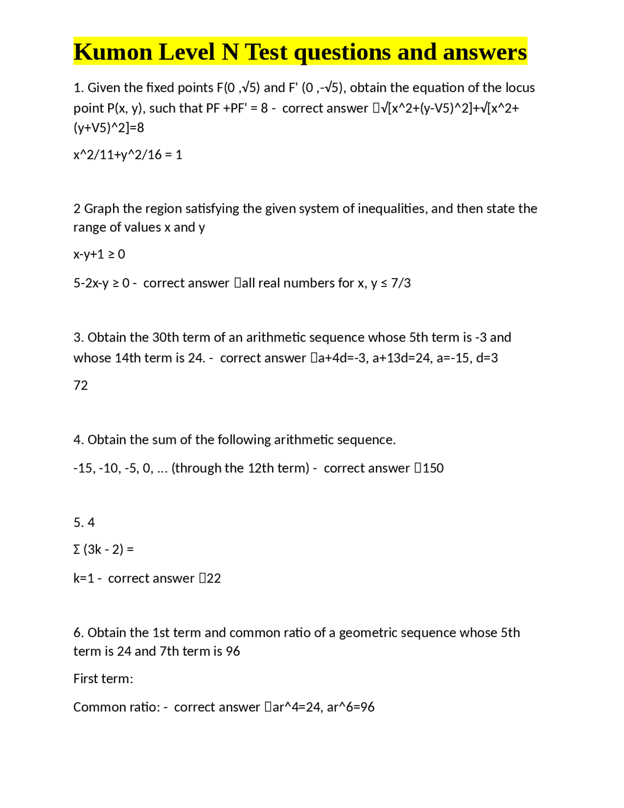 Kumon Level N Test questions and answers. | Exams Nursing | Docsity