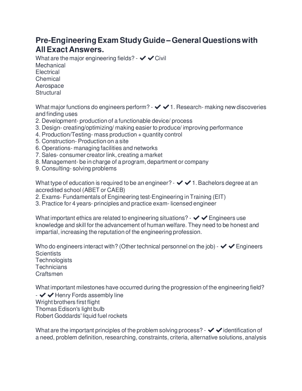 Pre-Engineering Exam Study Guide – General Questions with All Exact ...