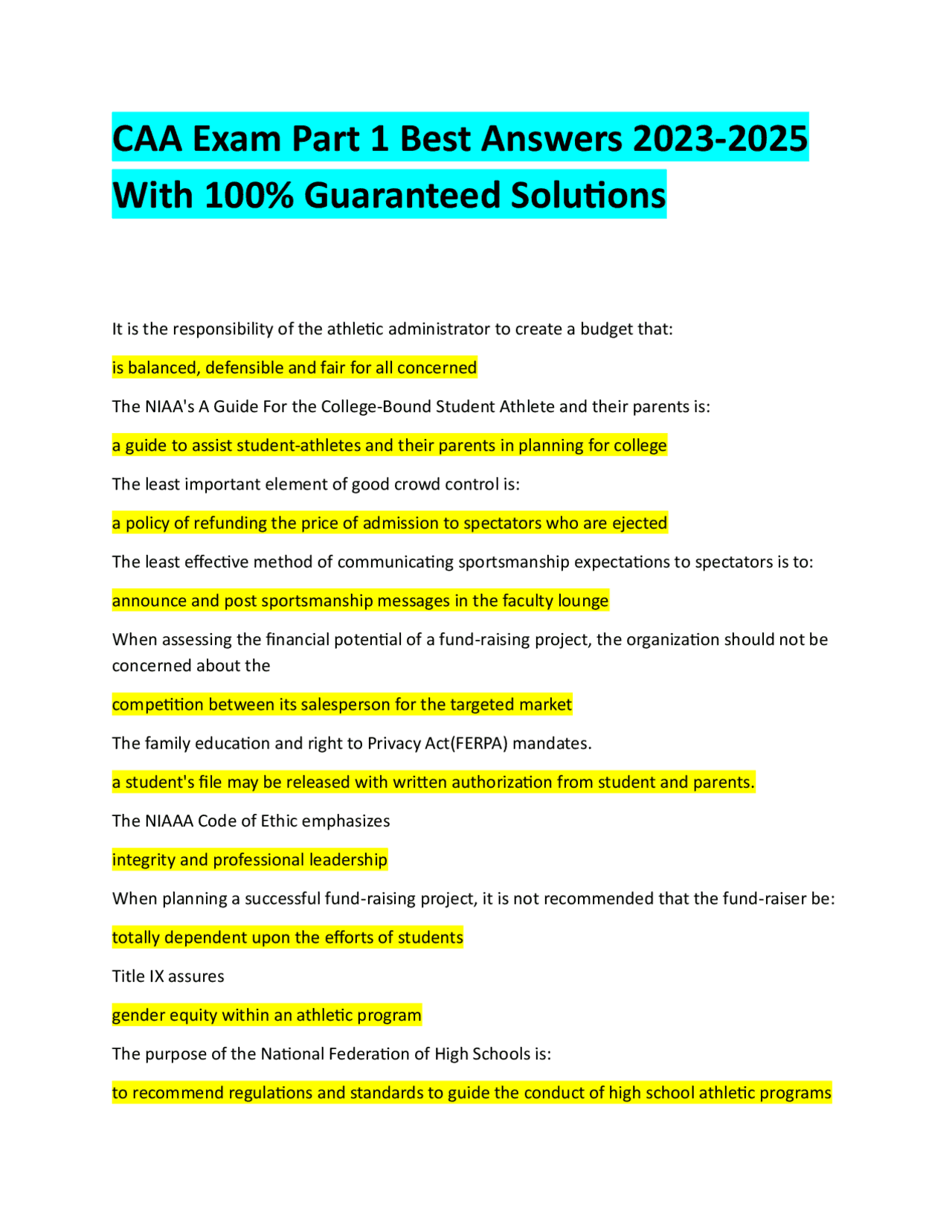 CAA Exam Part 1 Best Answers 2023-2025 With 100% Guaranteed Solutions ...