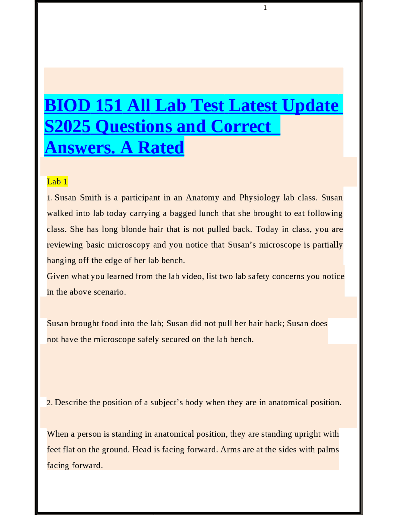BIOD 151 All Lab Test Latest Update S2025 Questions and Answers ...
