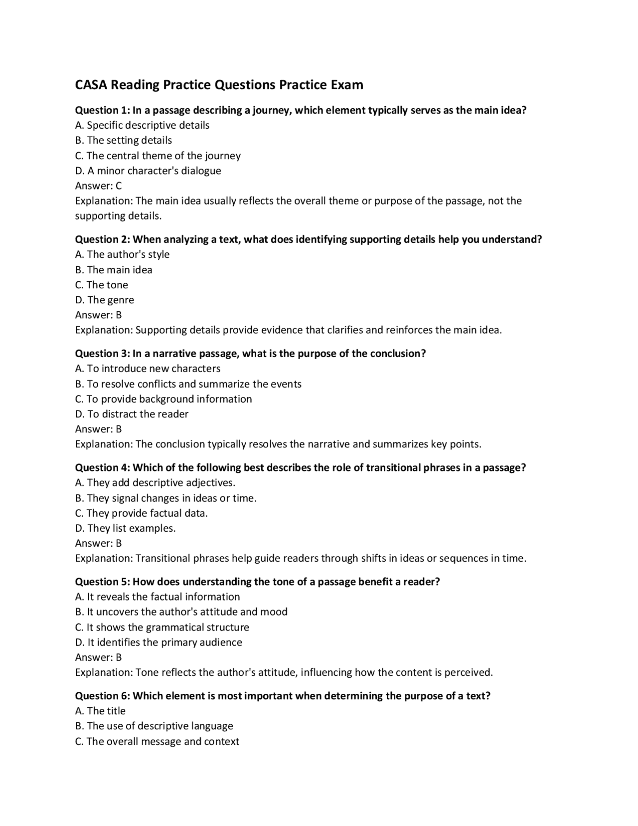 CASA Reading Practice Questions Exam | Exams Technology | Docsity