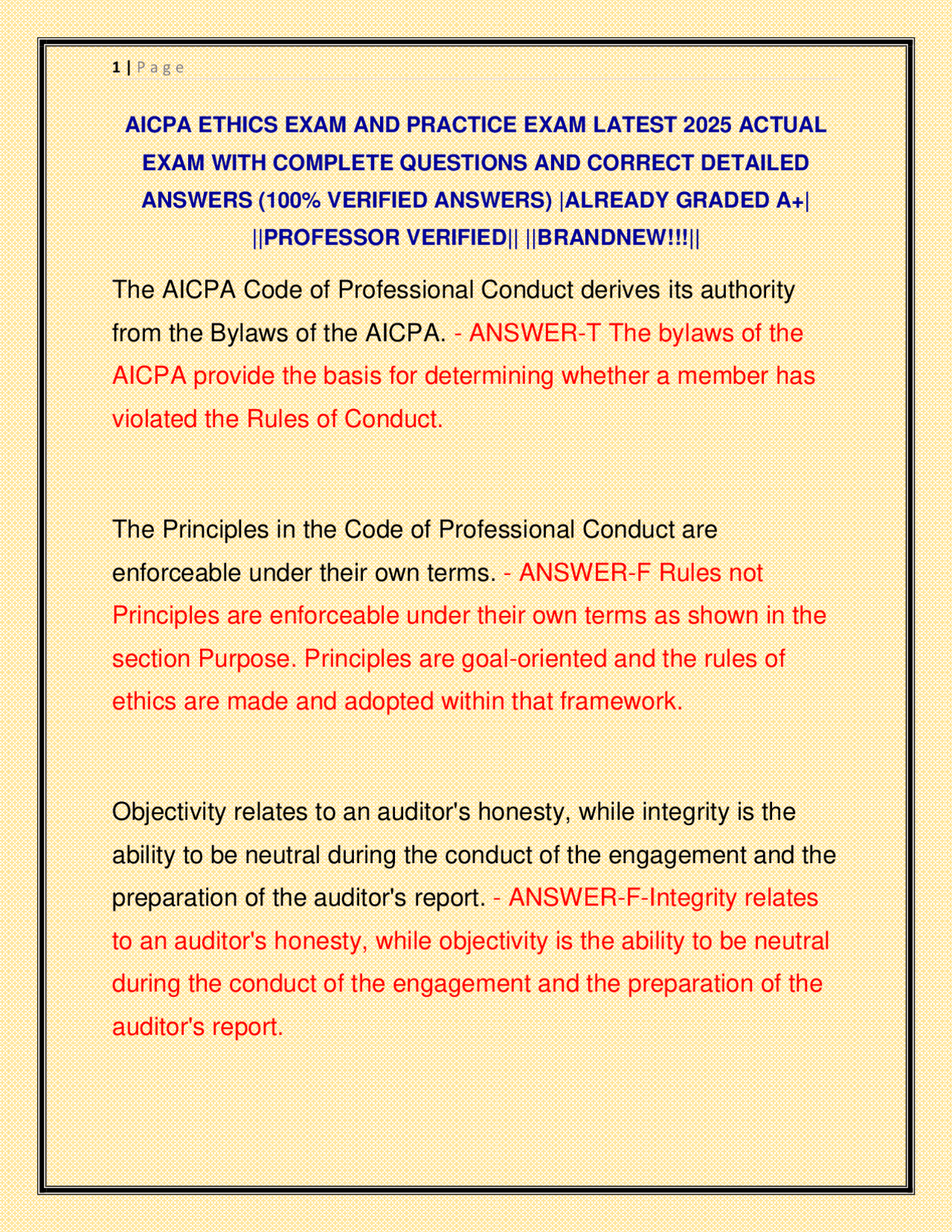 AICPA ETHICS EXAM AND PRACTICE EXAM LATEST 2025 ACTUAL EXAM WITH ...