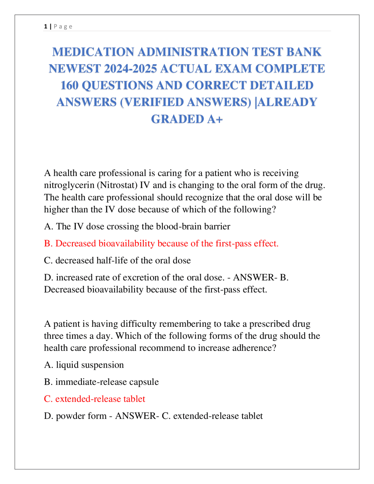 Medication Administration Test Bank: 2024-2025 Edition | Exams Nursing ...