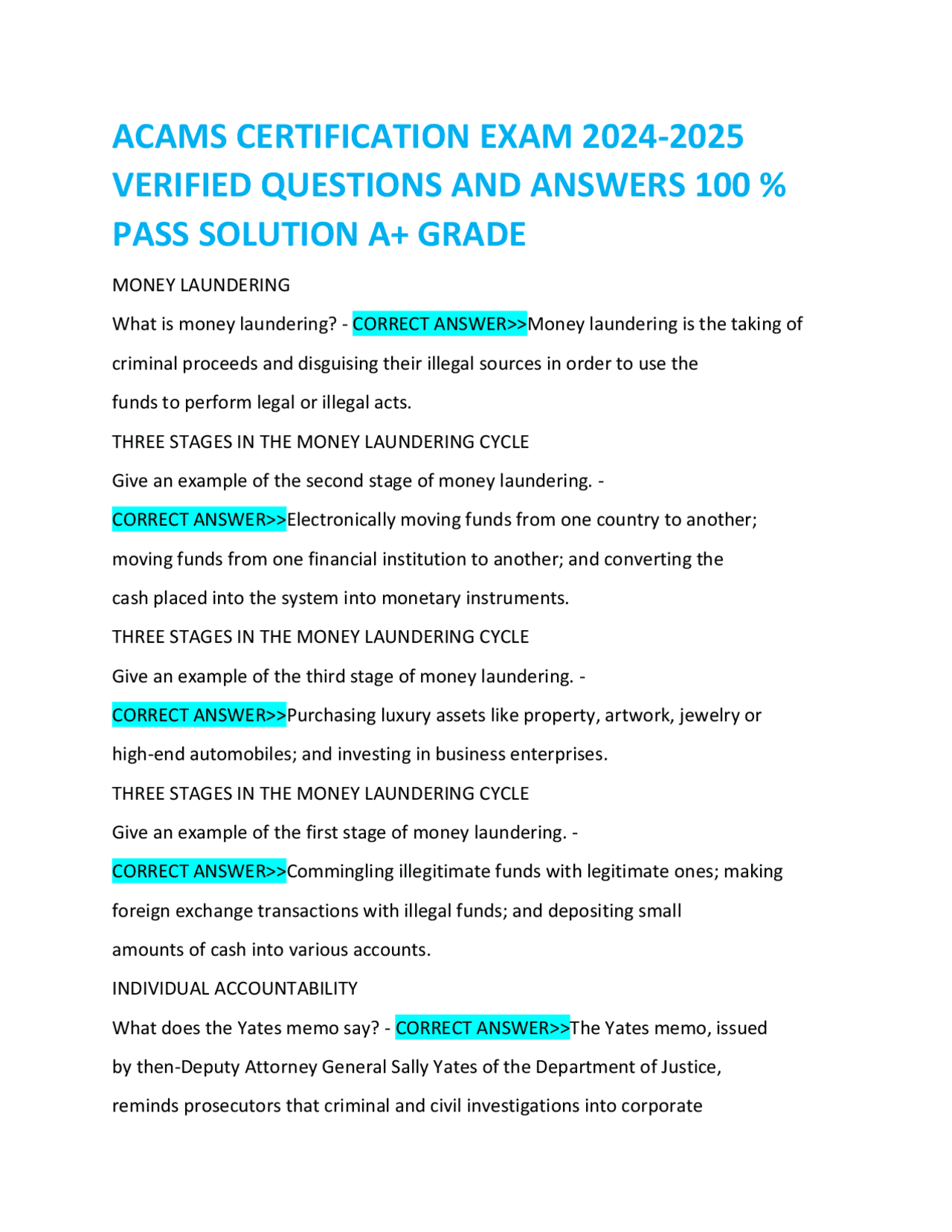 ACAMS CERTIFICATION EXAM 2024-2025 VERIFIED QUESTIONS AND ANSWERS 100 % ...