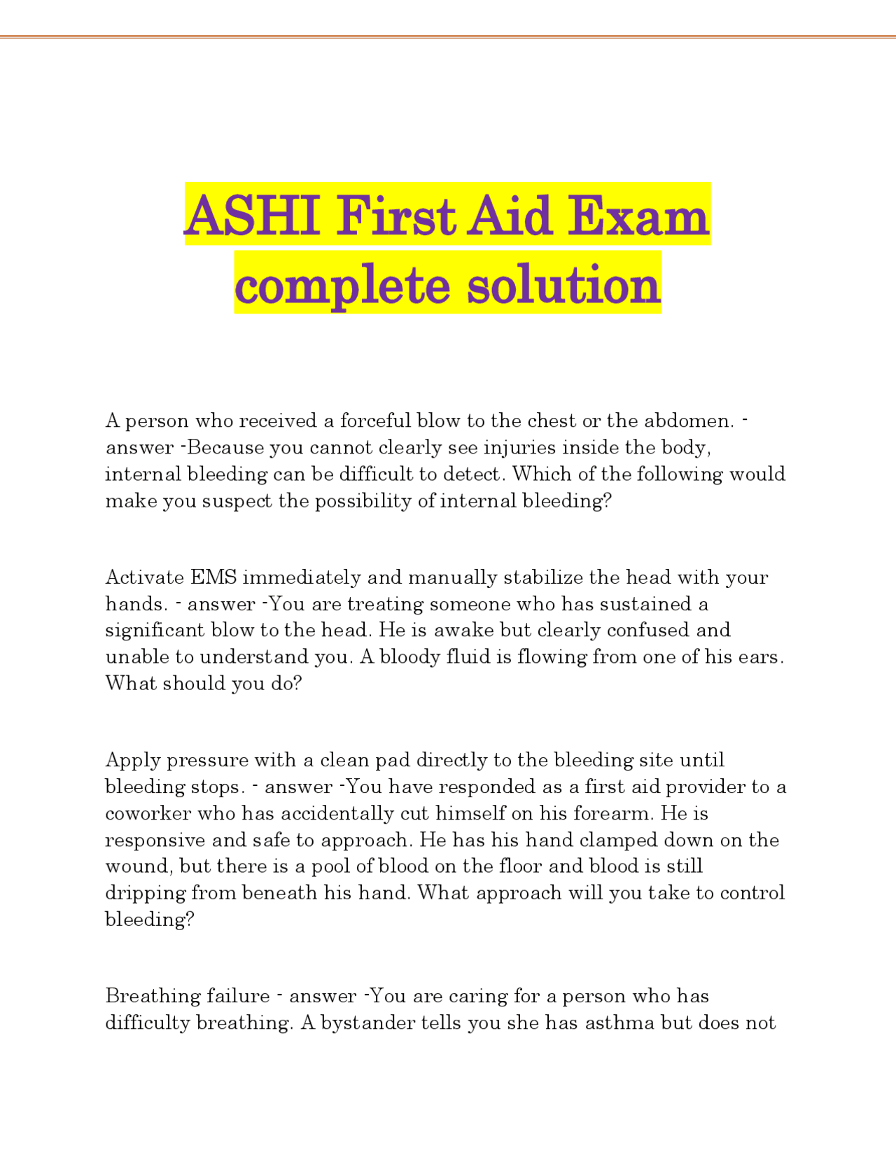 ASHI First Aid Exam complete solution.pdf | Exams Nursing | Docsity