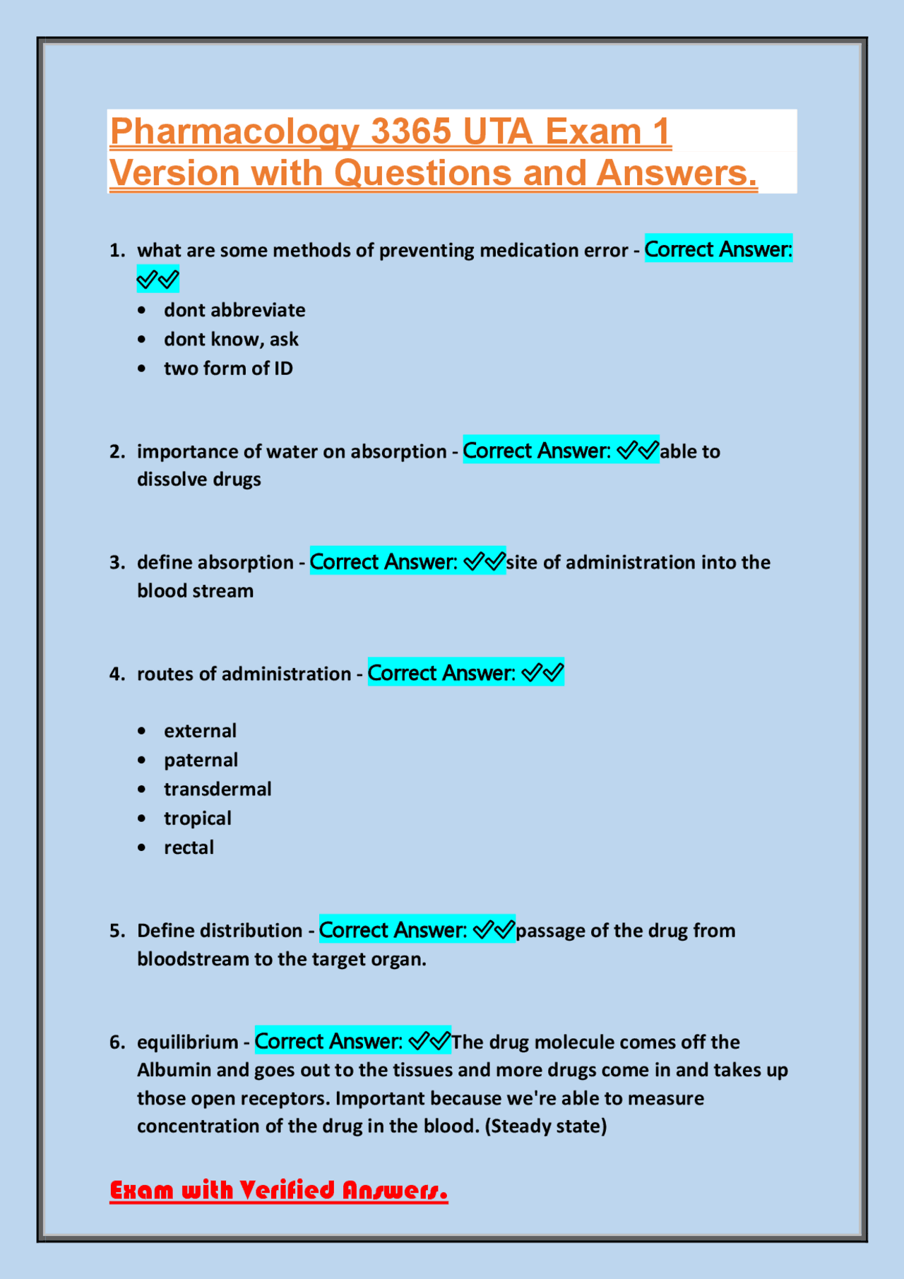 Pharmacology 3365 UTA Exam 1 Version with Questions and Answers ...