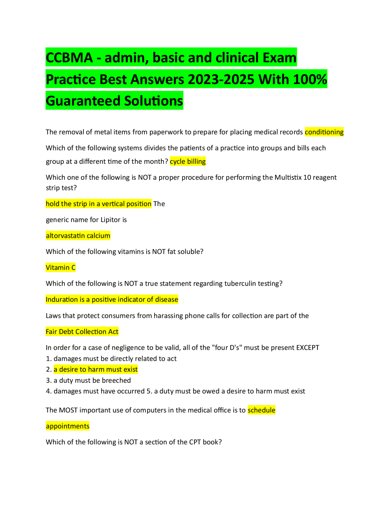 CCBMA - admin, basic and clinical Exam Practice Best Answers 2023-2025 ...