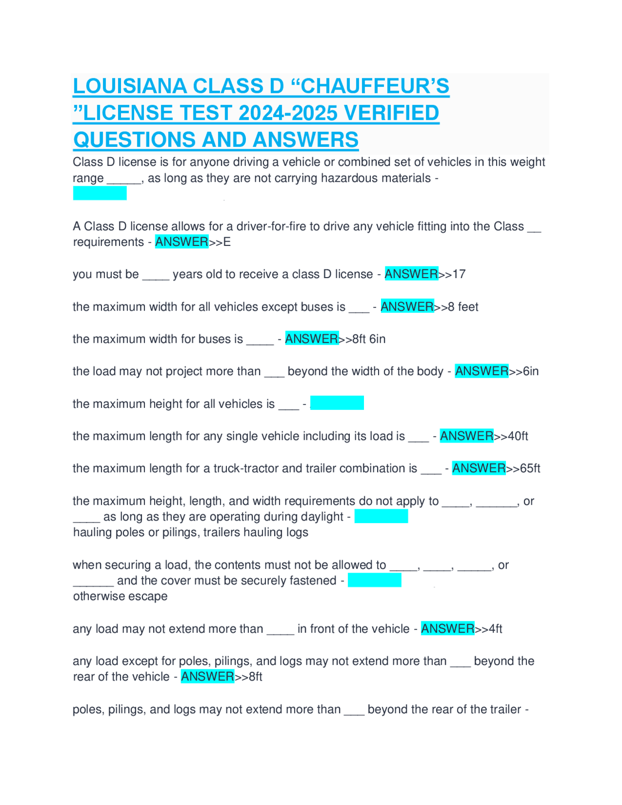 LOUISIANA CLASS D “CHAUFFEUR’S ”LICENSE TEST 2024-2025 VERIFIED ...
