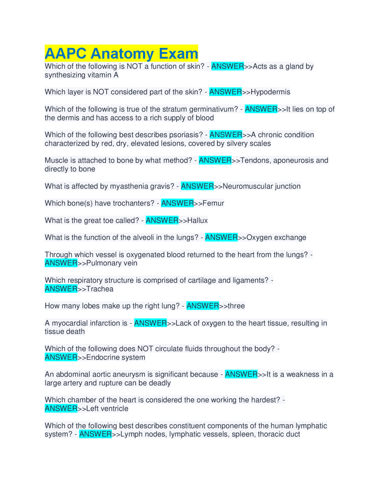 AAPC Anatomy Exam verified Answers | Exams Anatomy | Docsity