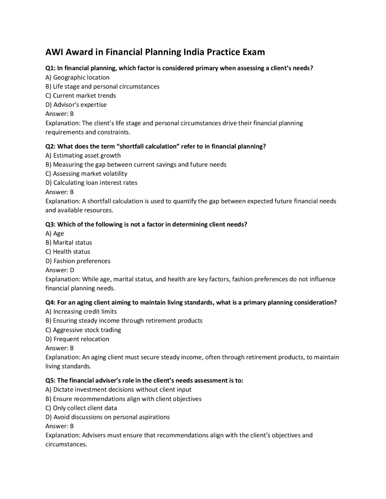 AWI Award in Financial Planning India Exam | Exams Technology | Docsity