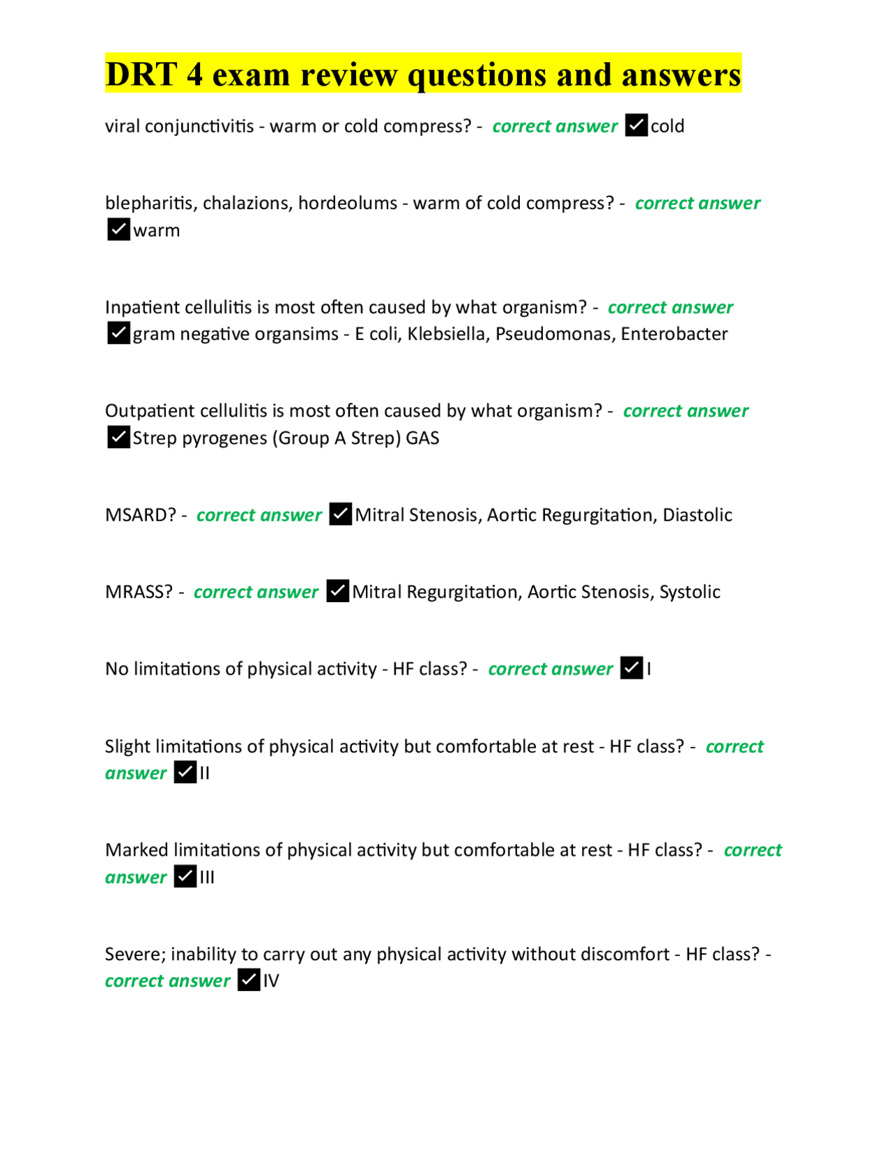 DRT 4 Exam Review Questions and Answers: Medical Conditions, Treatments ...