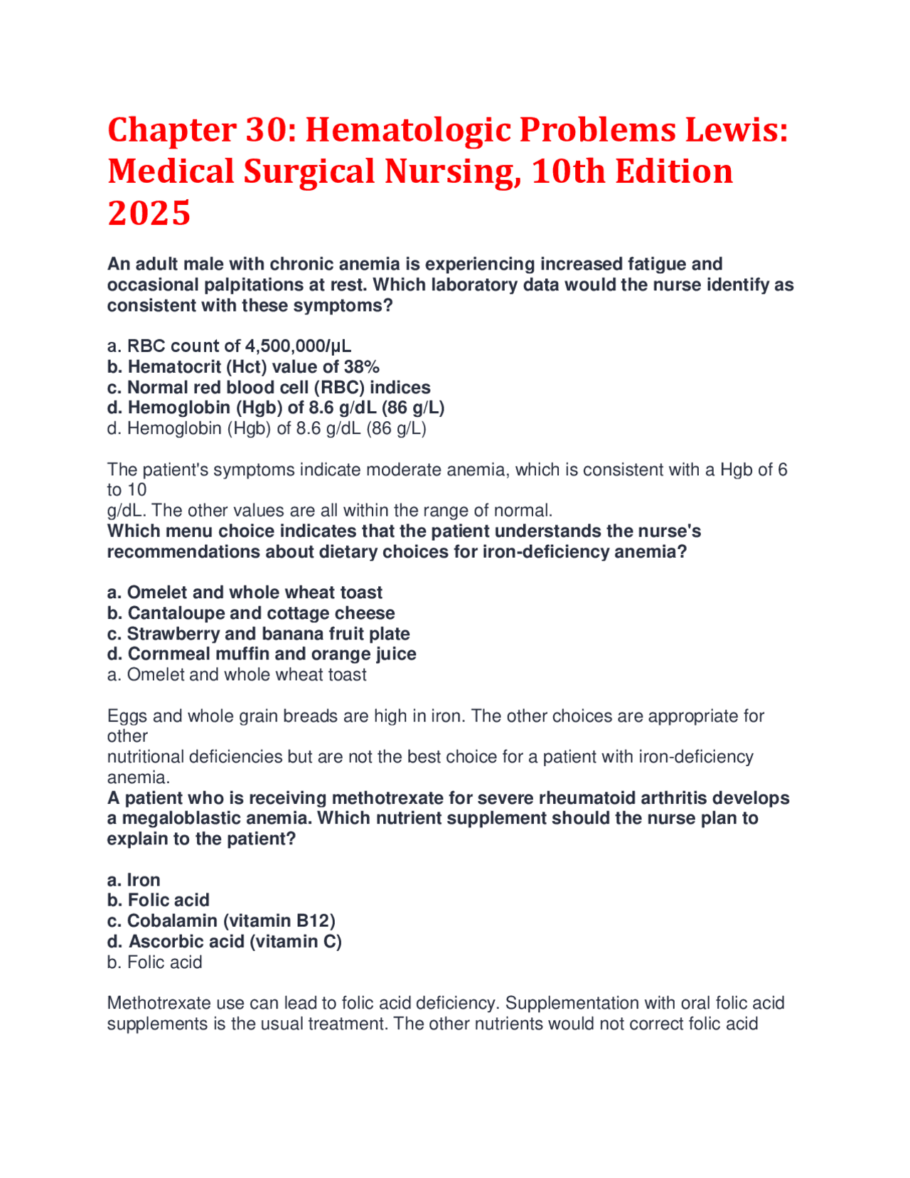 Chapter 30: Hematologic Problems Lewis: Medical Surgical Nursing, 10th Edition 2025 | Exams ...