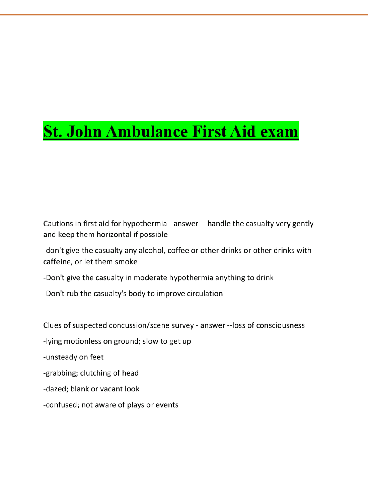 St. John Ambulance First Aid exam .pdf | Exams Nursing | Docsity