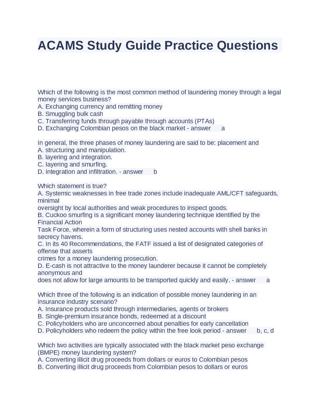 ACAMS Study Guide Practice Questions: Anti-Money Laundering and ...