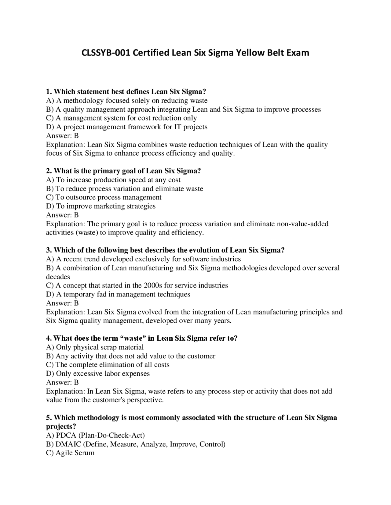 CLSSYB-001 Certified Lean Six Sigma Yellow Belt Exam | Exams Technology ...