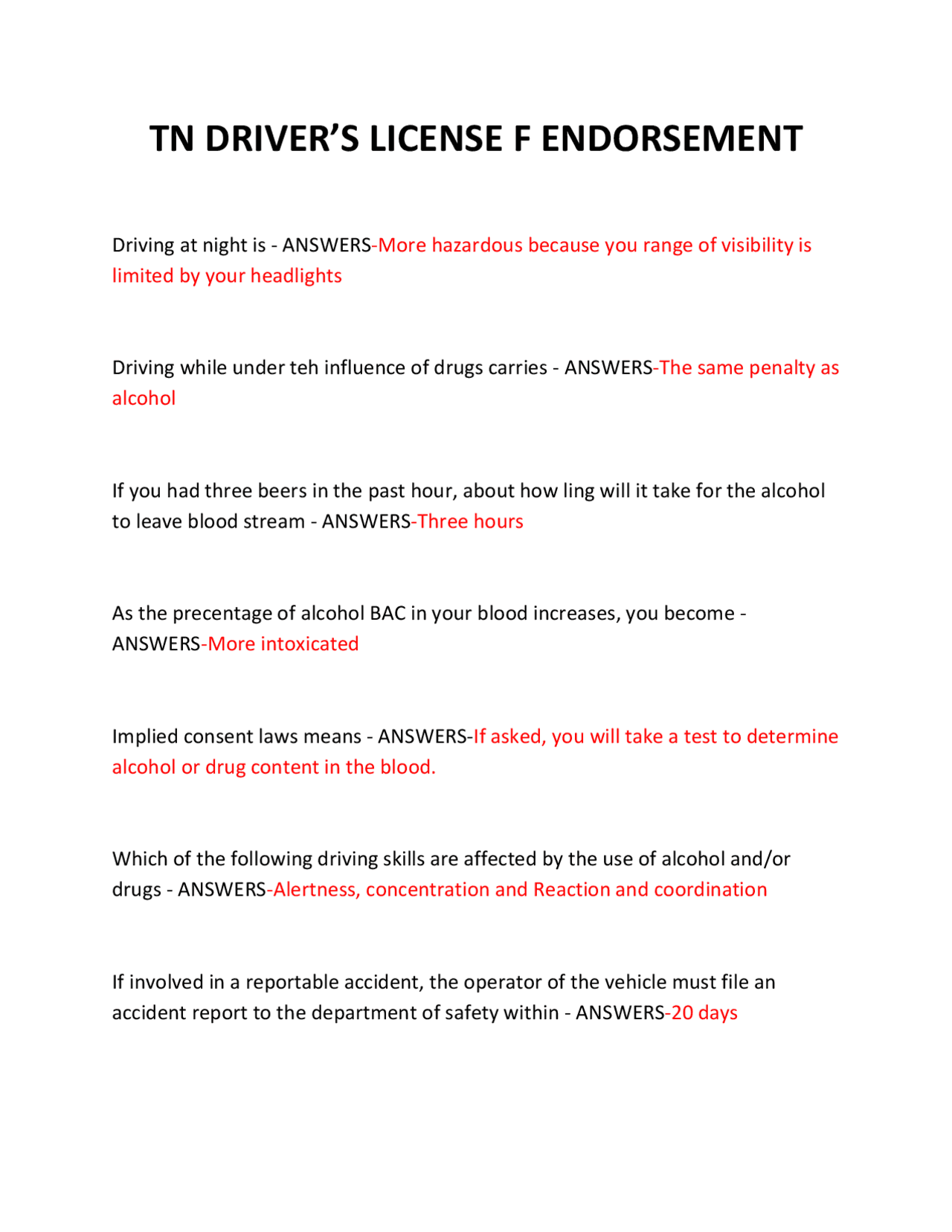 TN DRIVER’S LICENSE F ENDORSEMENT QUESTIONS AND ANSWERS 2025 | Exams ...