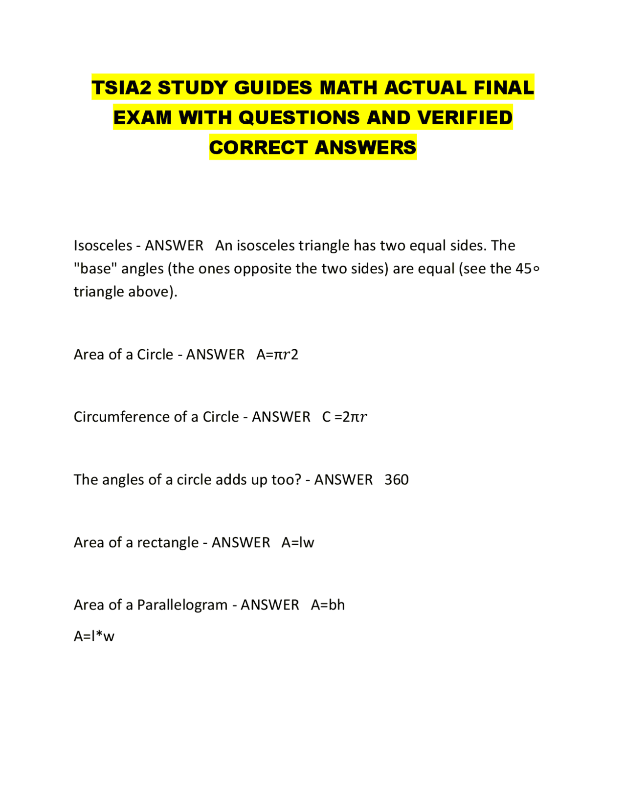 TSIA2 STUDY GUIDES MATH ACTUAL FINAL EXAM WITH QUESTIONS AND VERIFIED ...