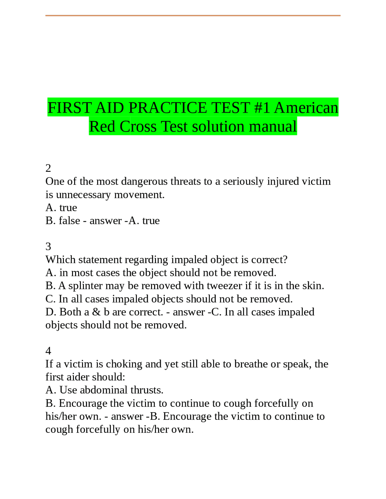 FIRST AID PRACTICE TEST #1 American Red Cross Test solution manual.docx ...