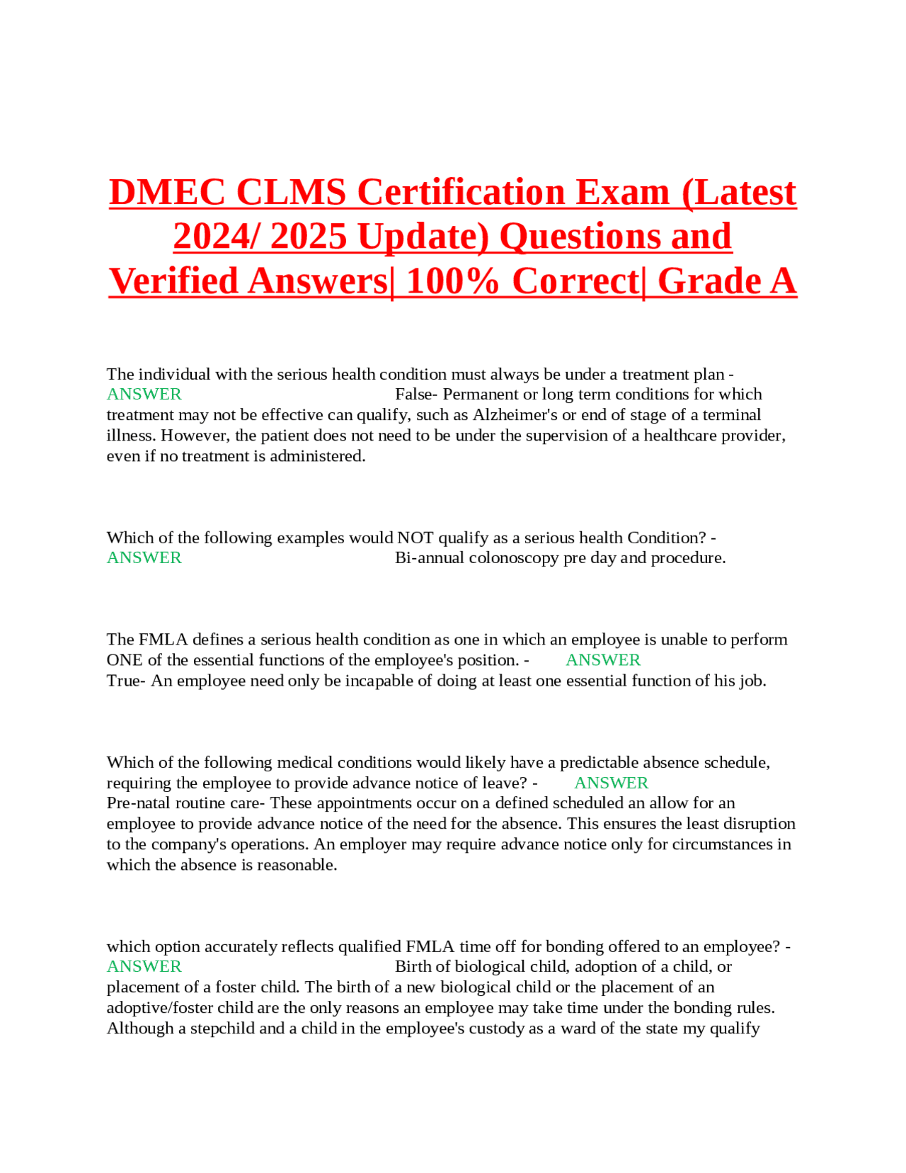 DMEC CLMS Certification Exam (Latest 2024/2025 Update) Questions and ...