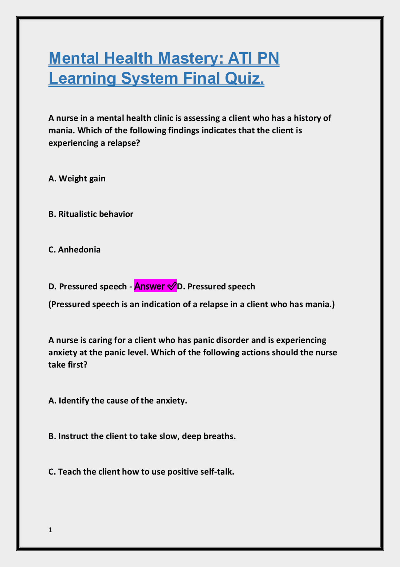 Mental Health Mastery: ATI PN Learning System Final Quiz. | Exams ...