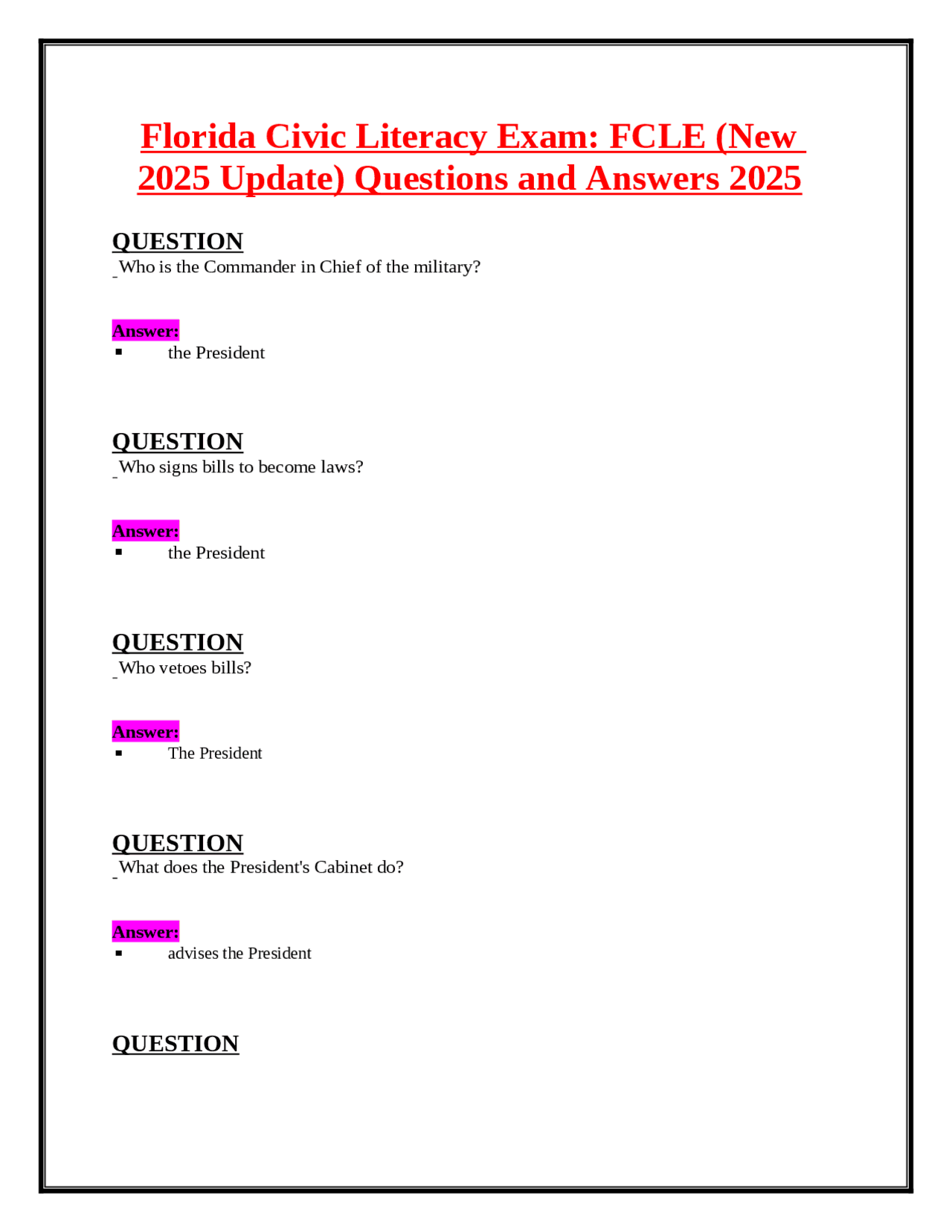Florida Civic Literacy Exam FCLE (New 2025 Update) Questions and ...