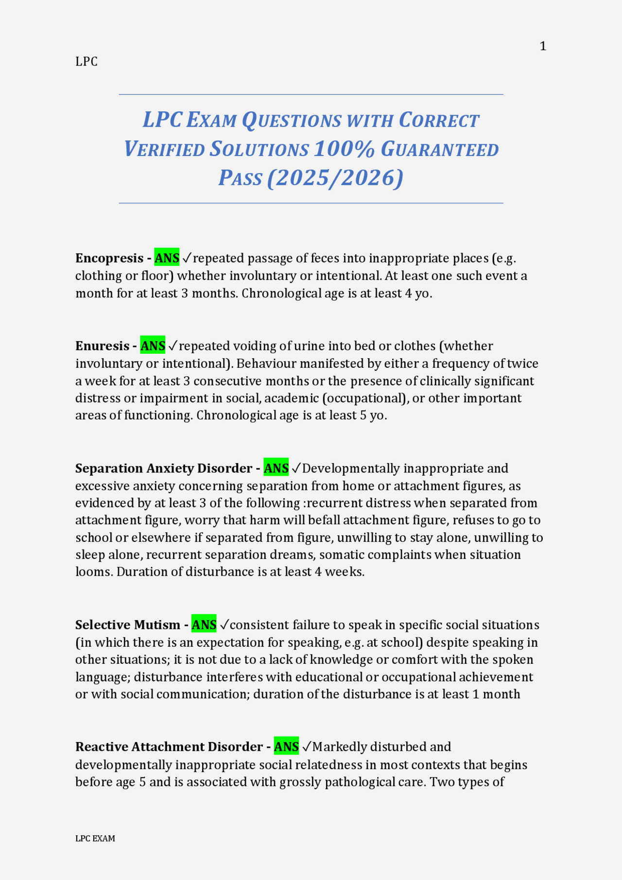 LPC EXAM QUESTIONS WITH CORRECT VERIFIED SOLUTIONS 100% GUARANTEED PASS ...